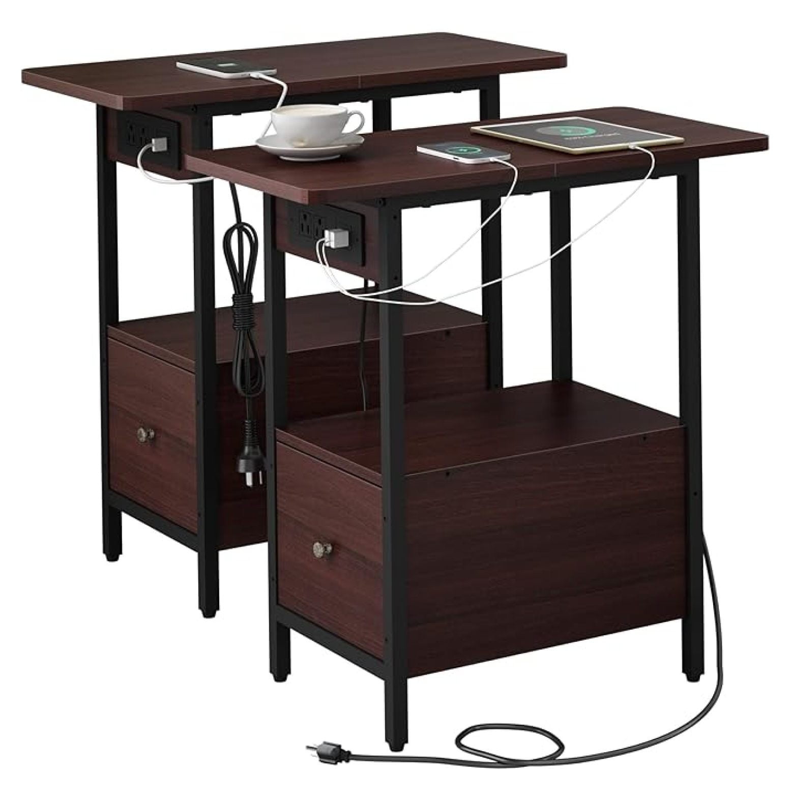 End Table with Charging Station, Narrow Side Table with Drawer and USB ...
