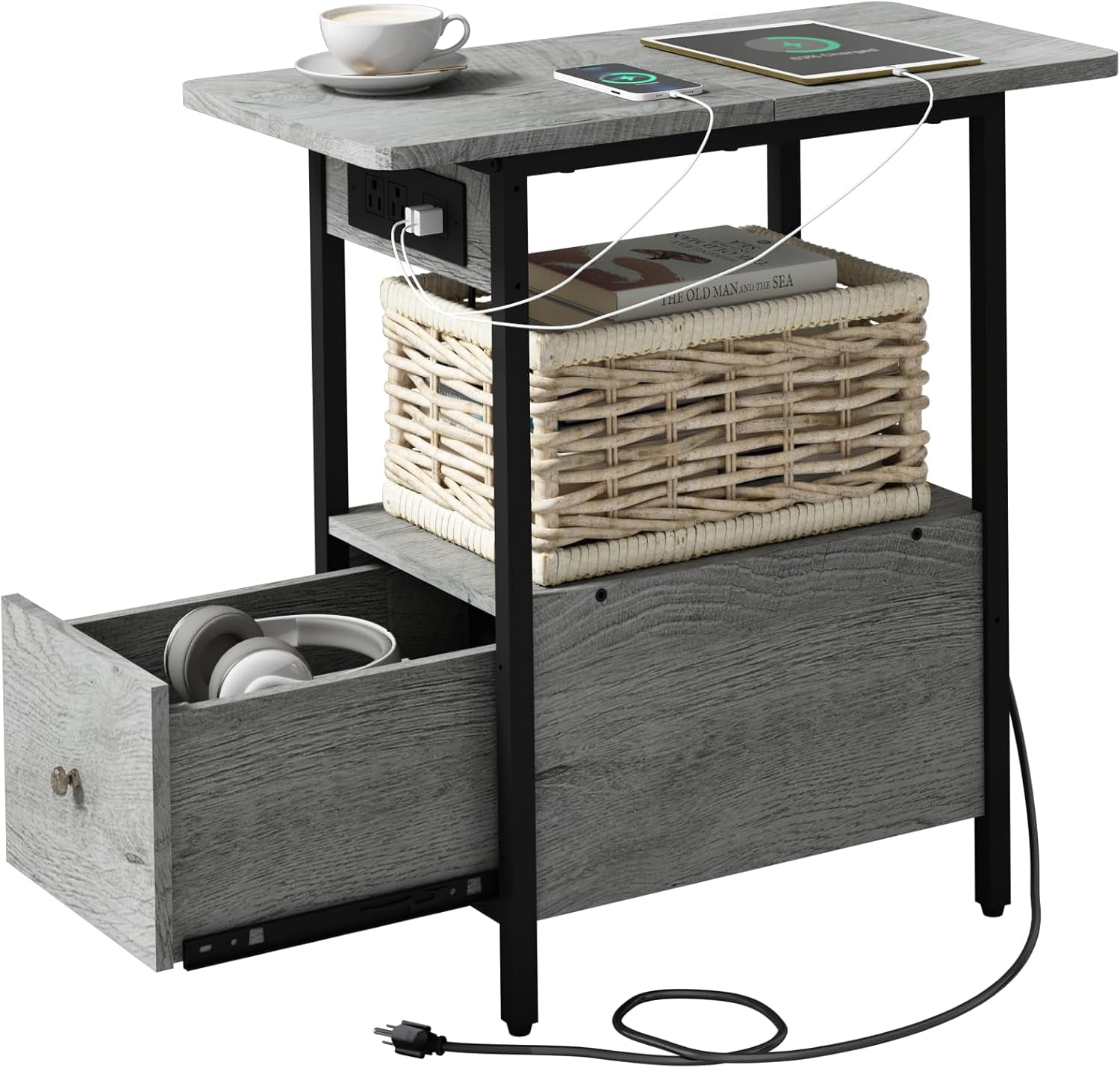 End Table with Charging Station, Narrow Side Table with Drawer and USB ...