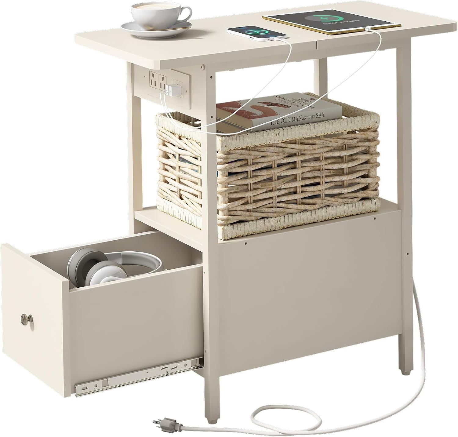 End Table with Charging Station, Narrow Side Table with Drawer and USB ...