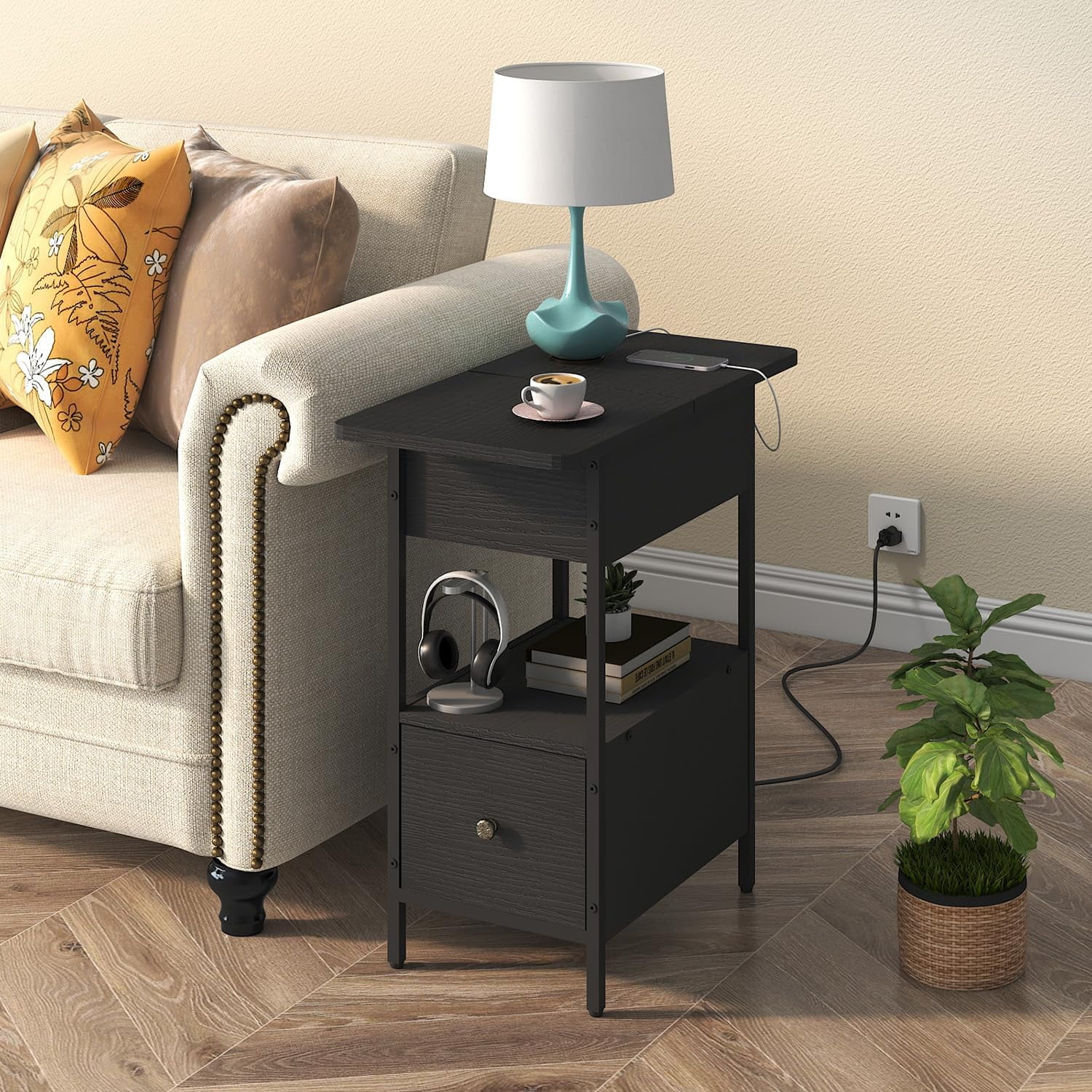 End Table with Charging Station, Narrow Side Table with Flip Top ...