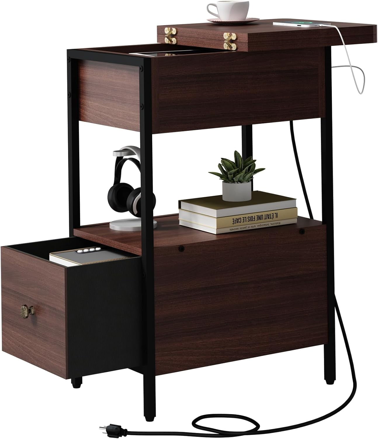 End Table with Charging Station, Narrow Side Table with Flip Top ...