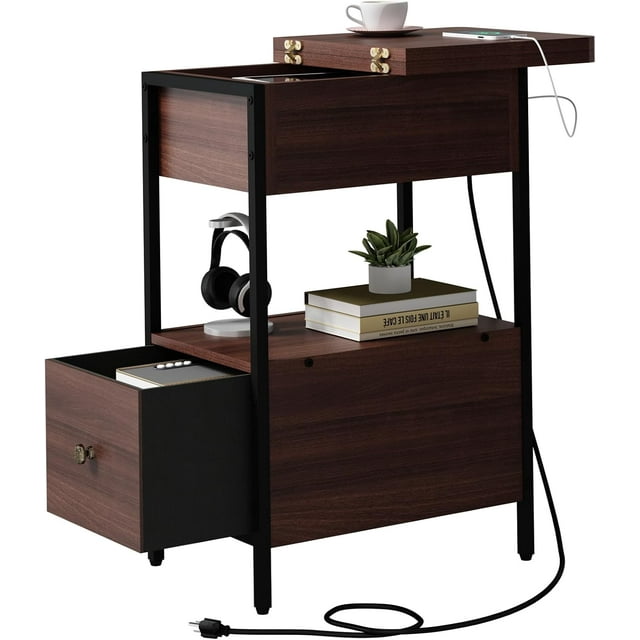 End Table with Charging Station, Narrow Side Table with Flip Top ...