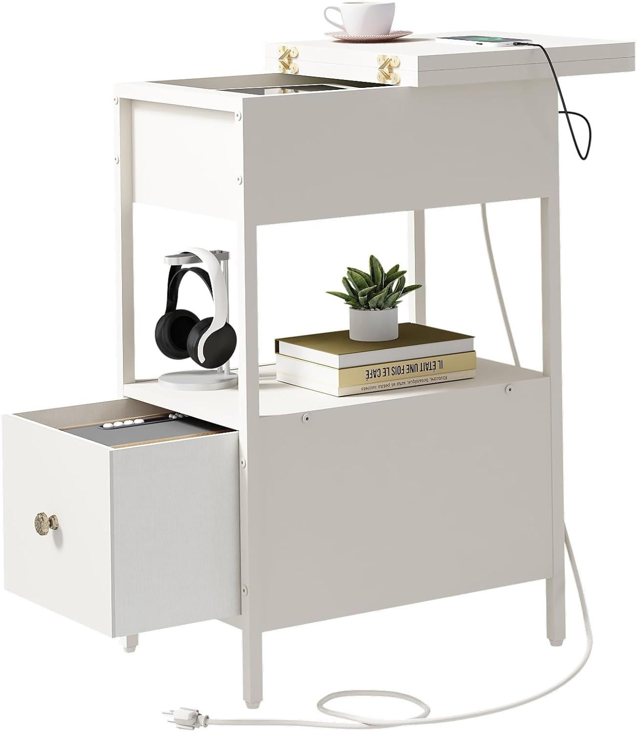 End Table with Charging Station, Narrow Side Table with Flip Top ...