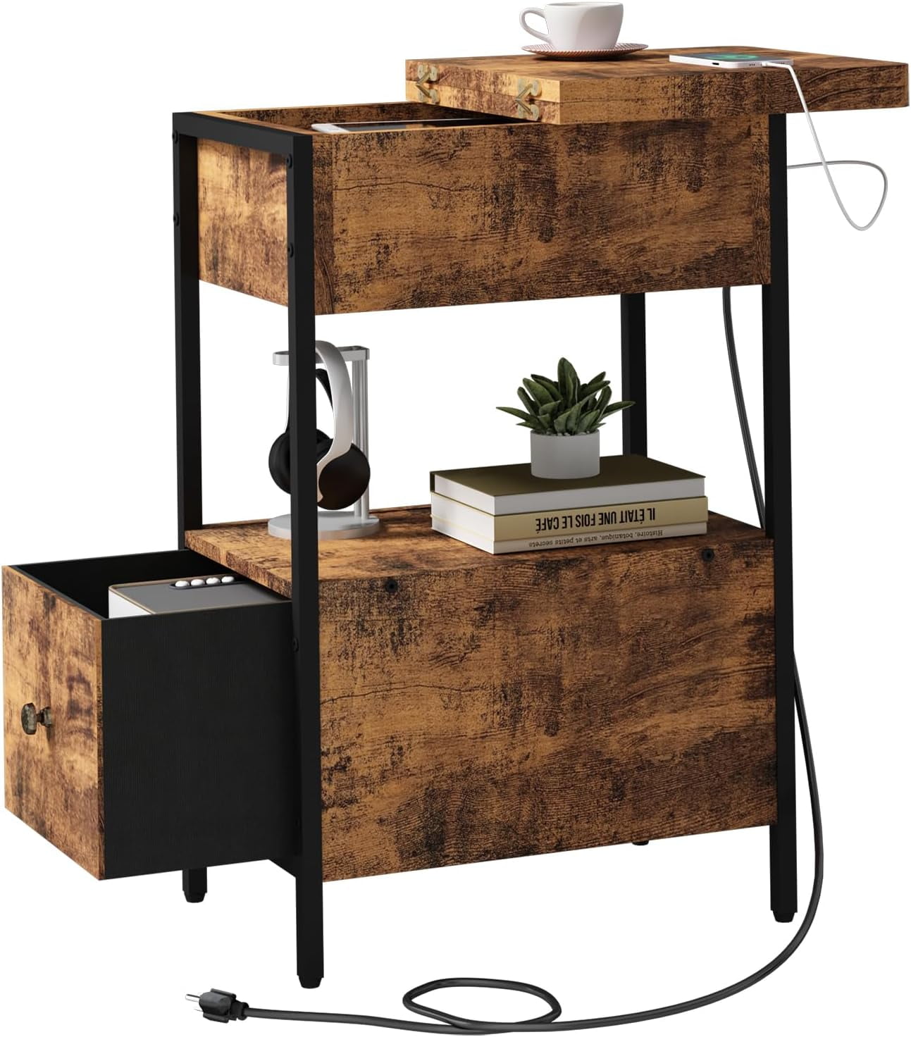 End Table with Charging Station, Narrow Side Table with Flip Top ...