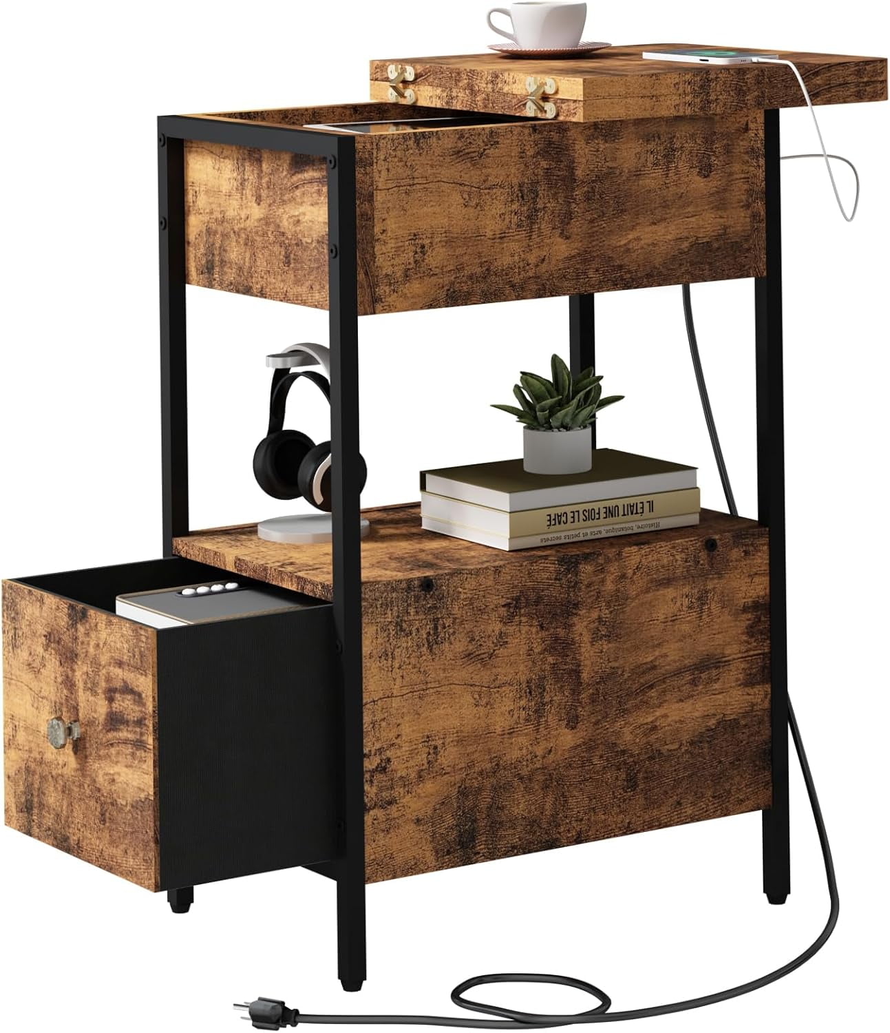 End Table with Charging Station, Narrow Side Table with Flip Top ...