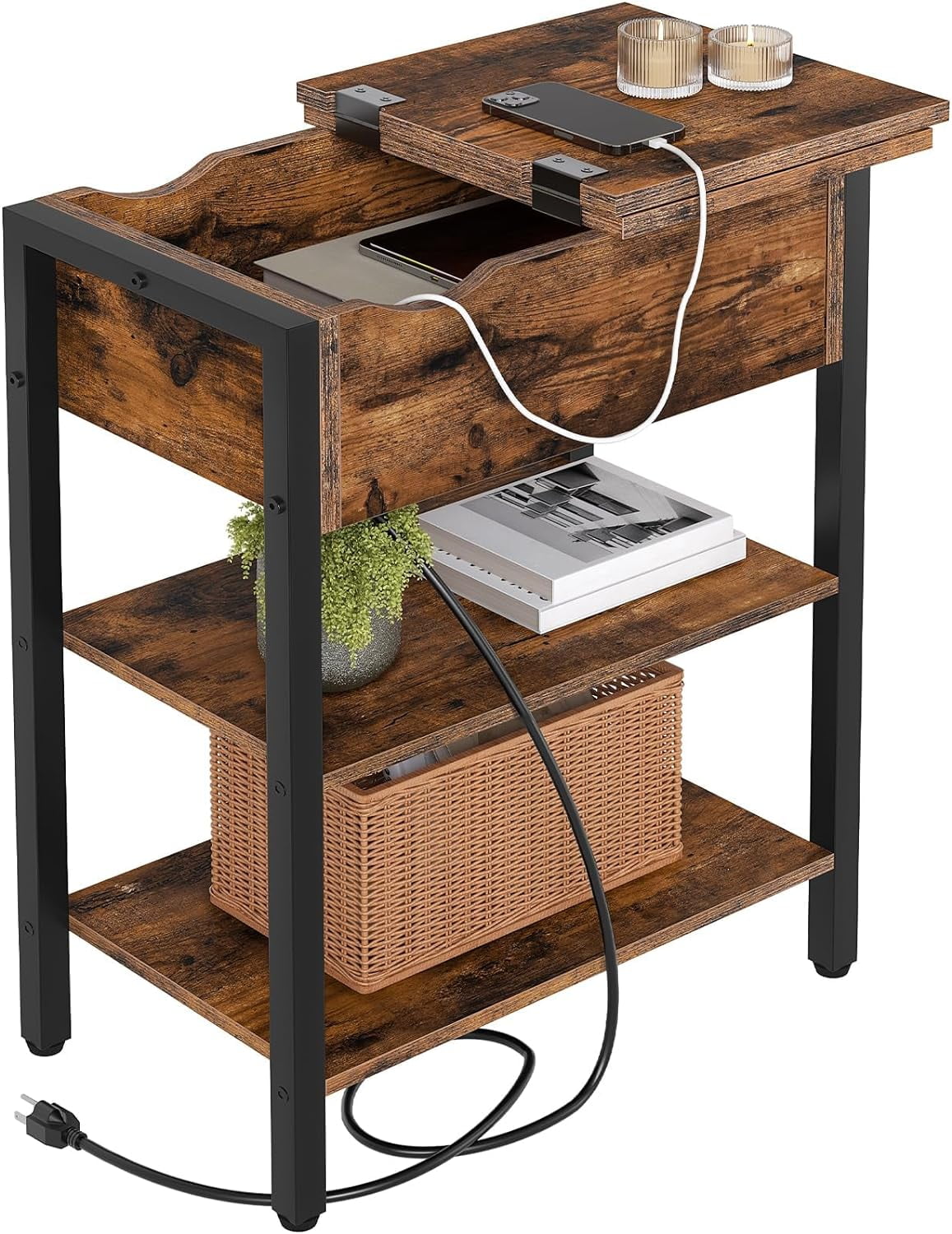 End Table with Charging Station, Narrow Side Table, Flip Top Nightstand ...