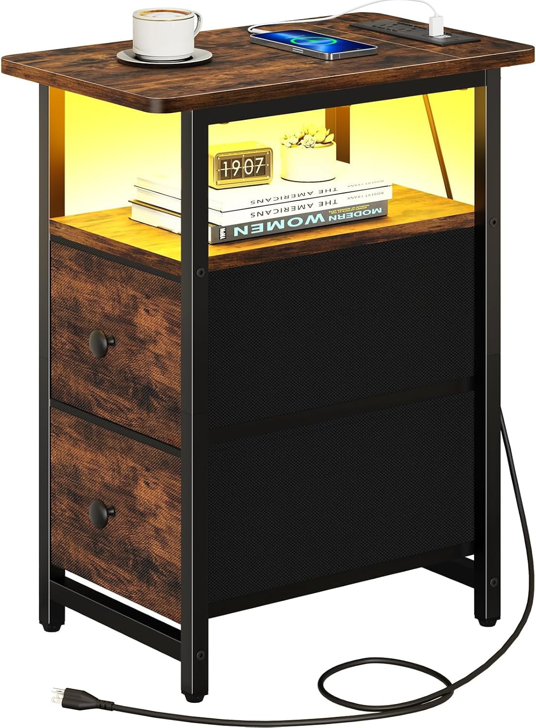 End Table with Charging Station, Narrow Side Table LED Small Night ...