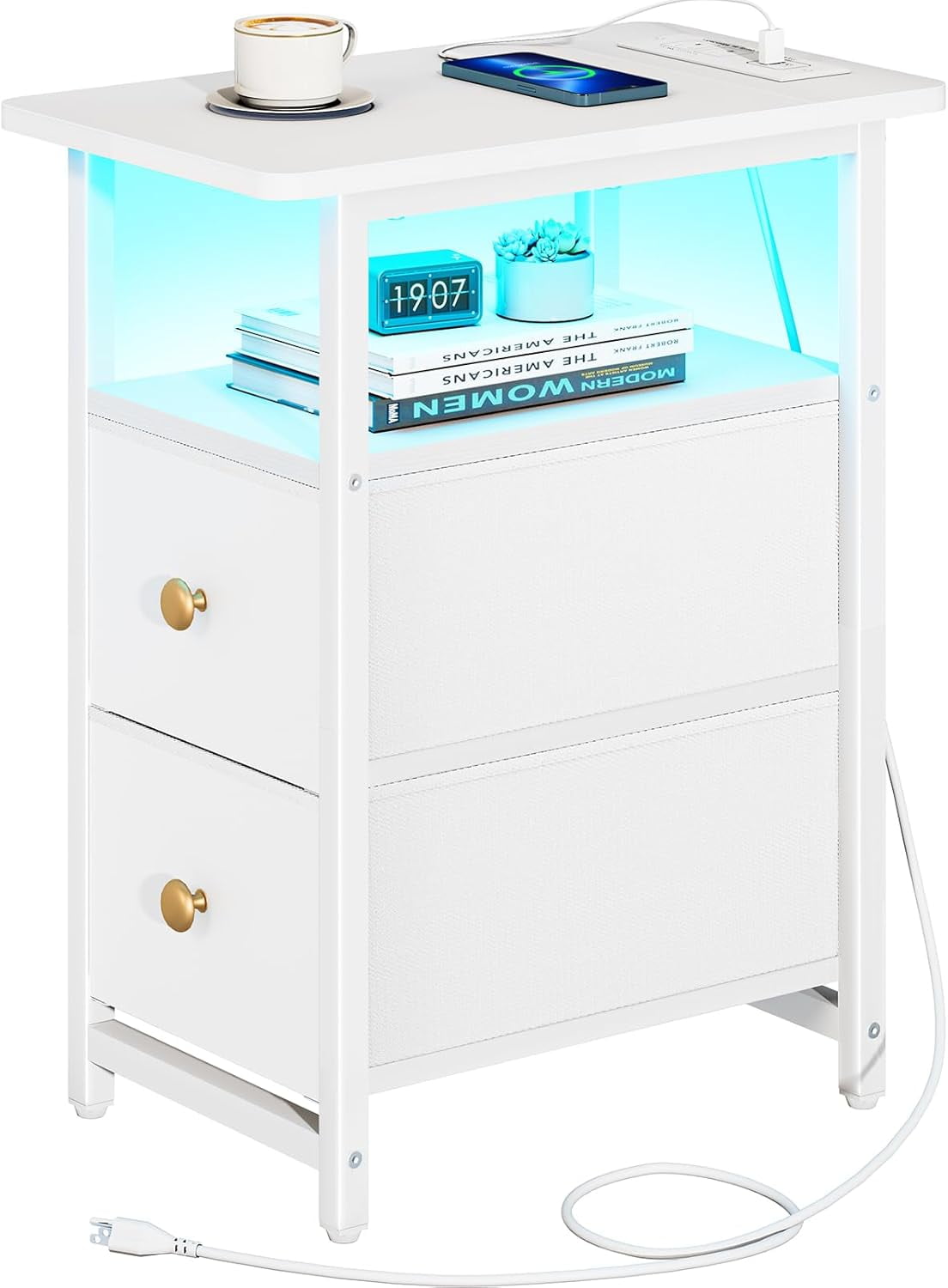 End Table with Charging Station, Narrow Side Table LED Small Night ...