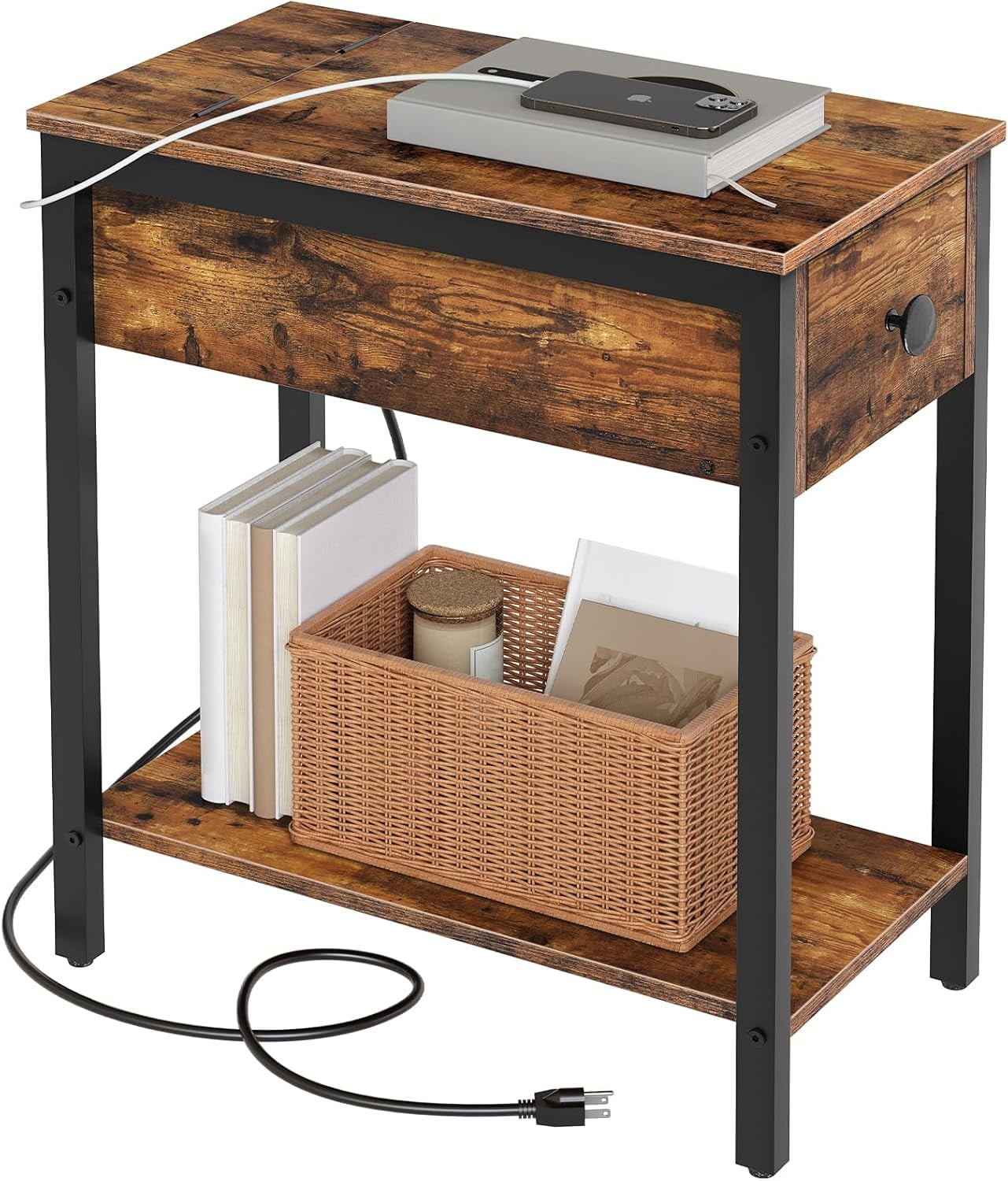 End Table with Charging Station, Narrow Side Table, Small Nightstand ...