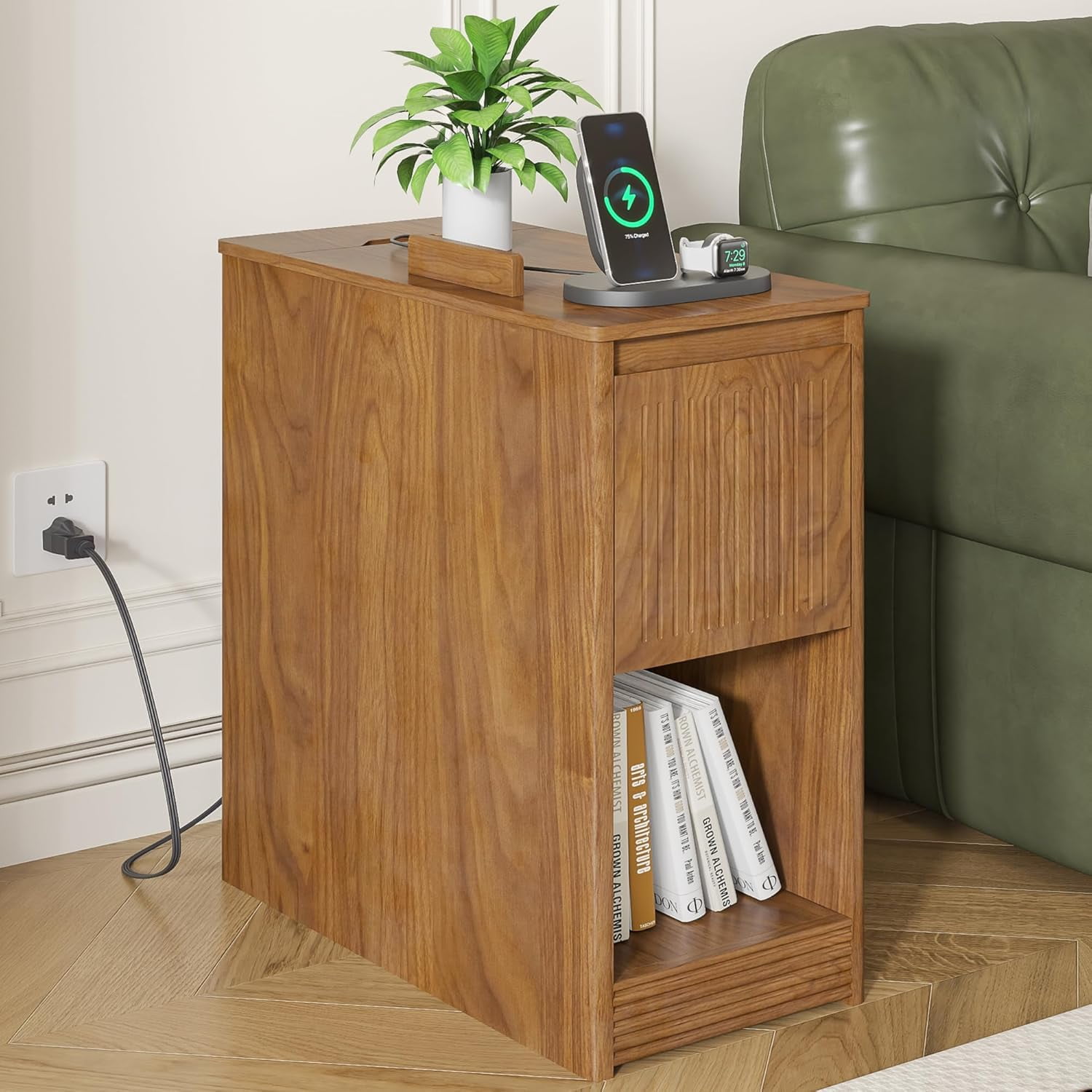 End Table with Charging Station, Narrow Side Table with Storage, Drawer and Wheels, Flip Top Mid ...