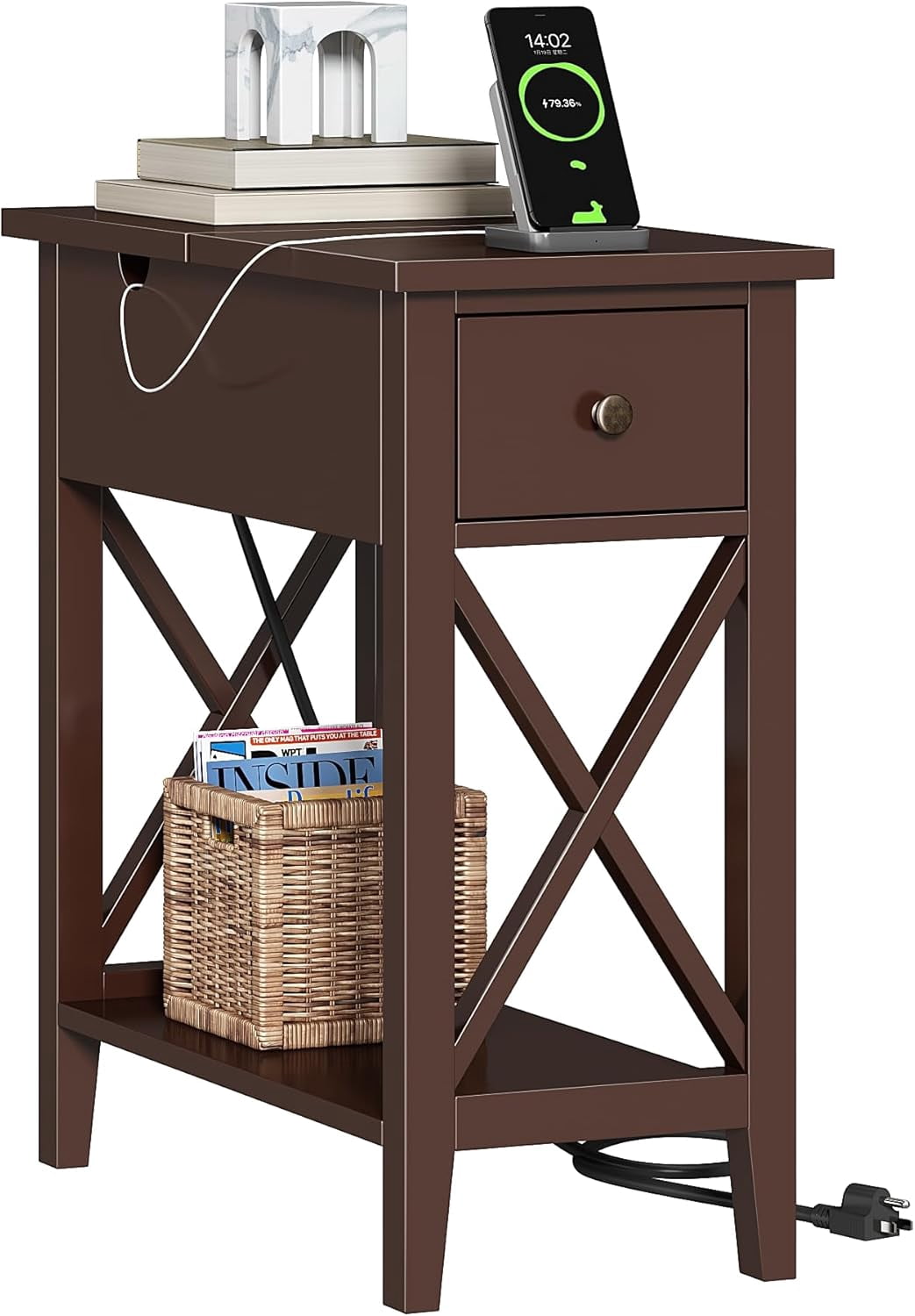 End Table with Charging Station, Narrow Side Table with USB Ports and ...