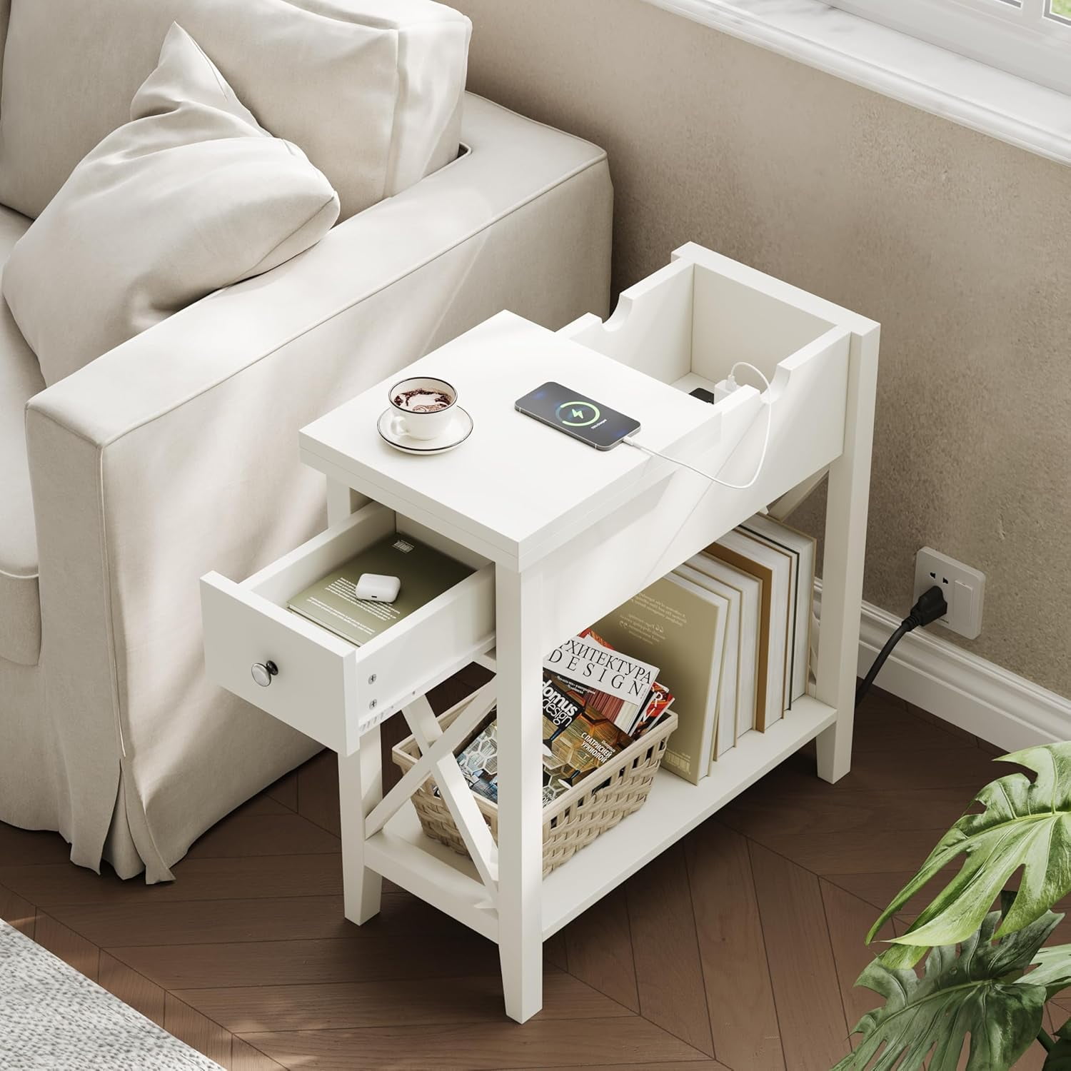 End Table with Charging Station, Narrow Side Table with USB Ports and ...
