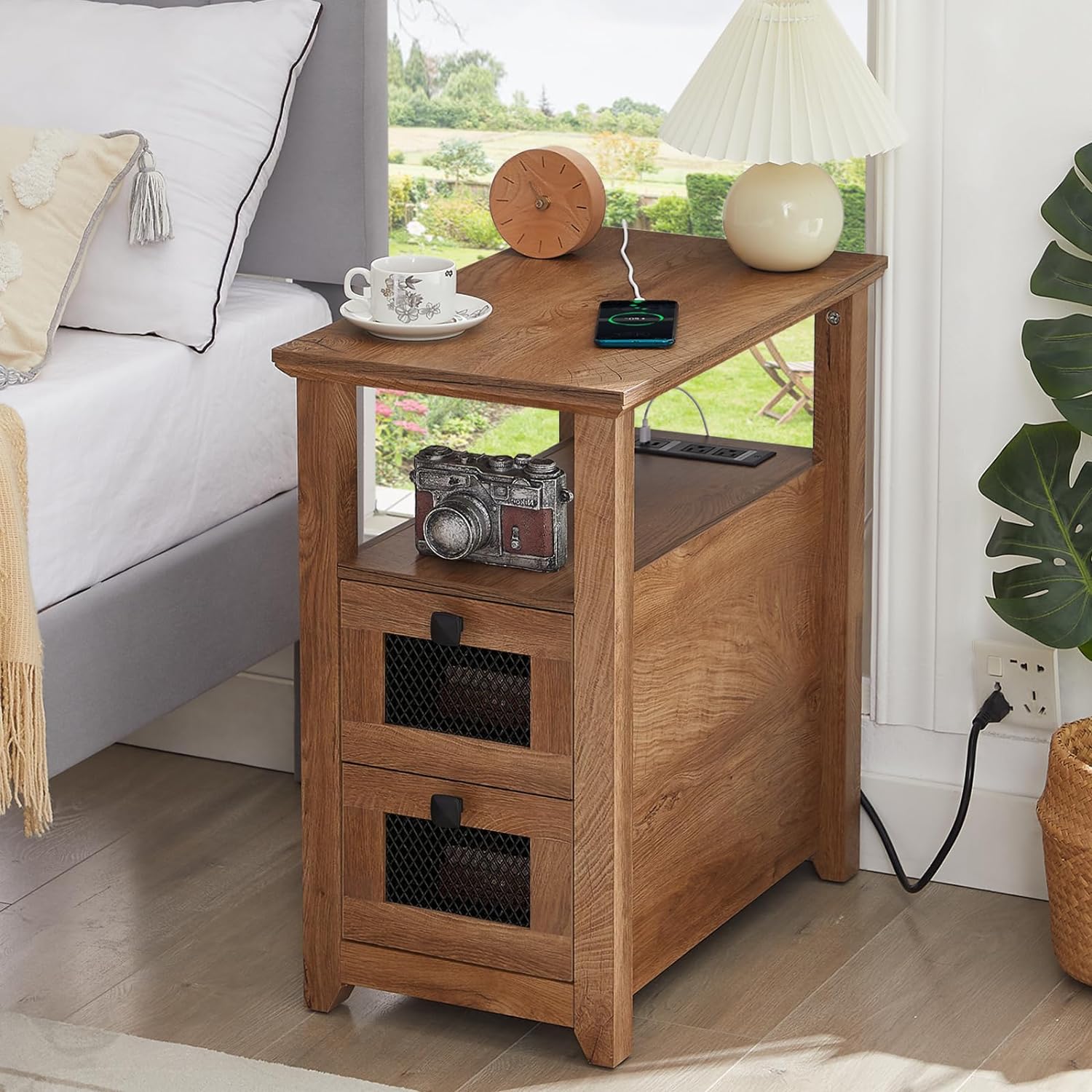 End Table with Charging Station, Narrow Side Table with USB Ports and ...