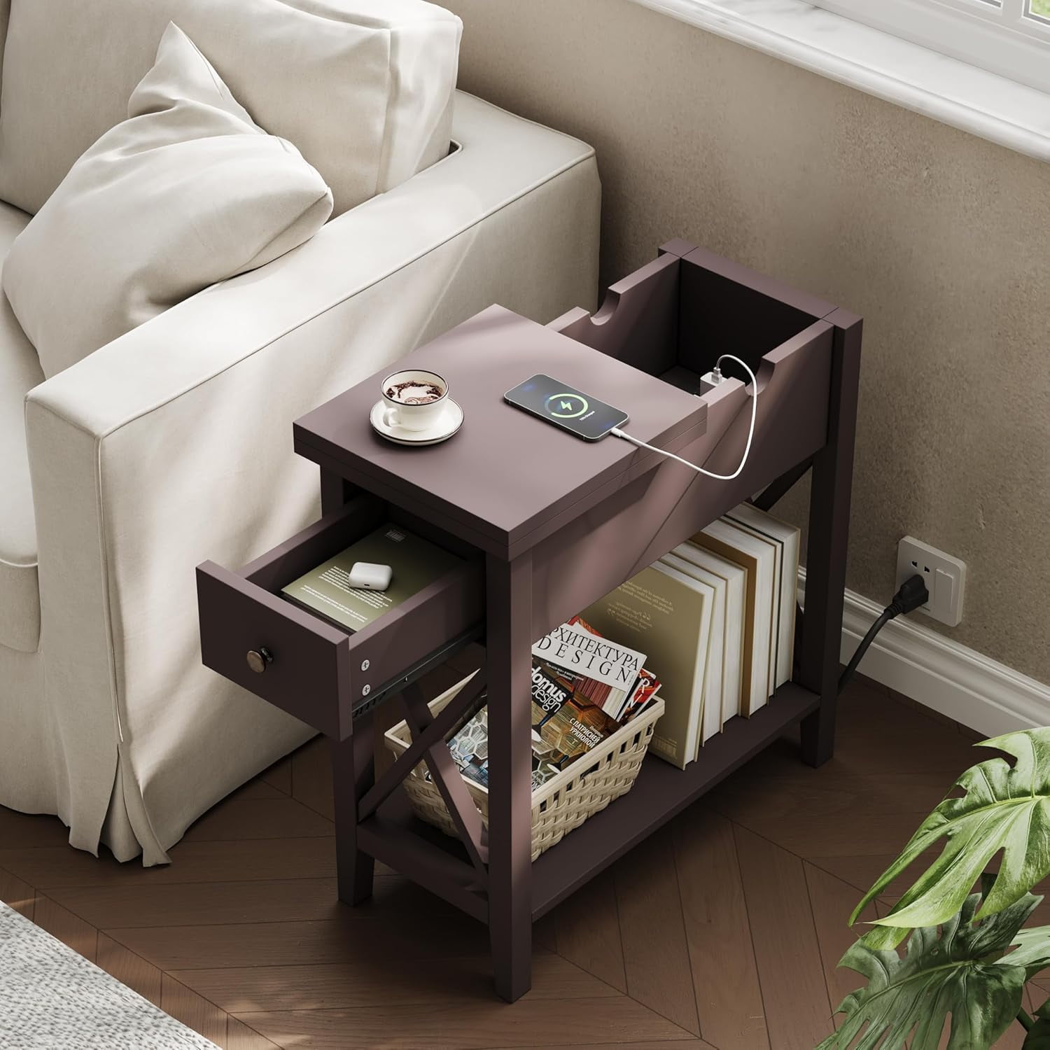 End Table with Charging Station, Narrow Side Table with USB Ports and ...