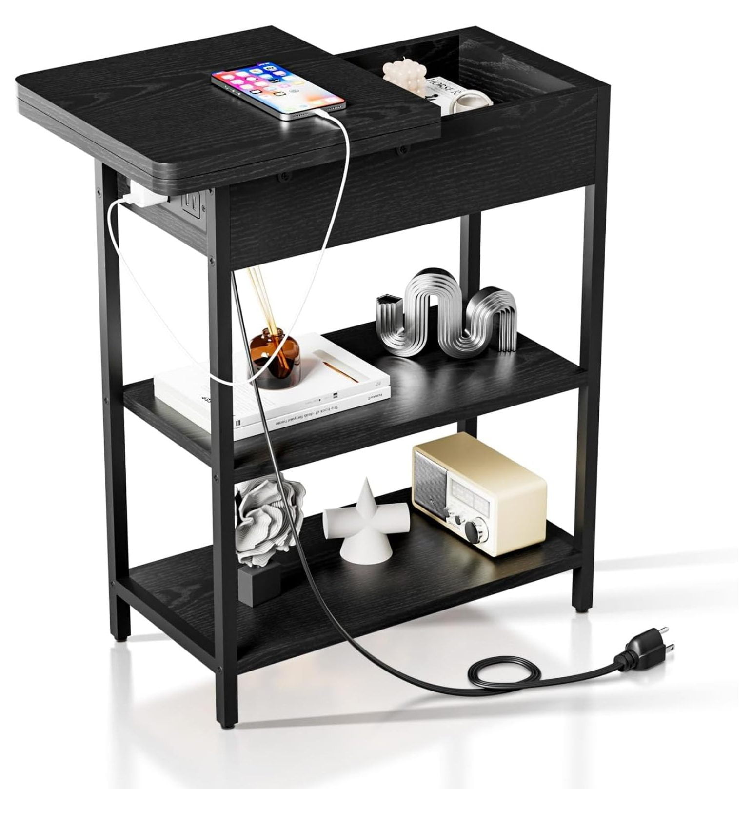End Table with Charging Station, Narrow Top Side Table with USB Ports ...