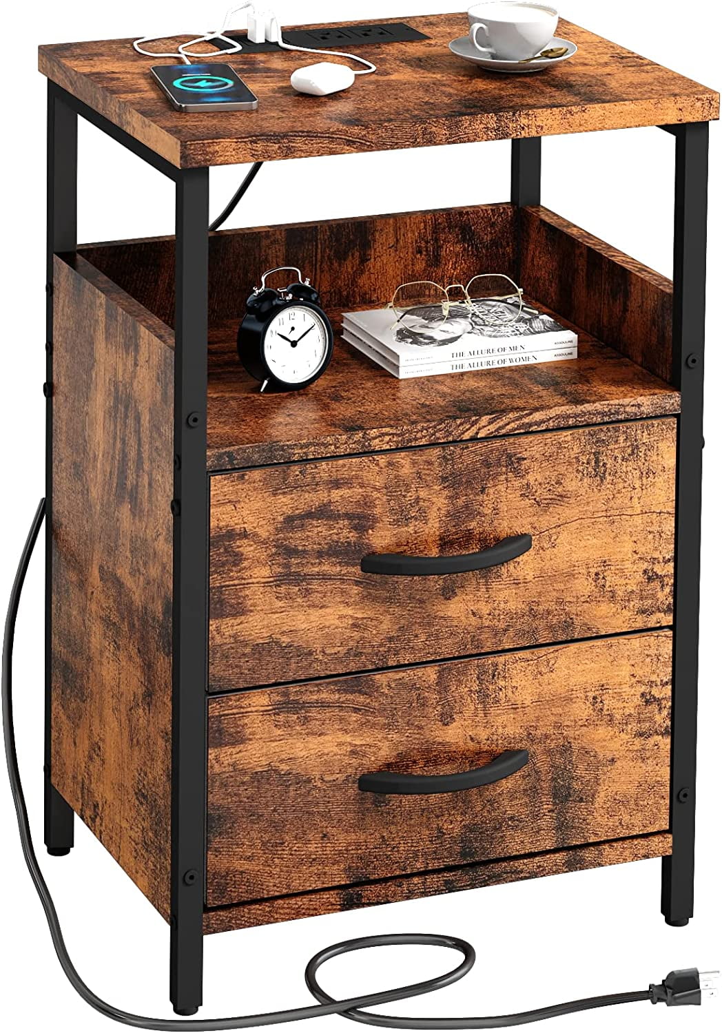 End Table with Charging Station, Nightstand with Fabric Drawer, Small ...