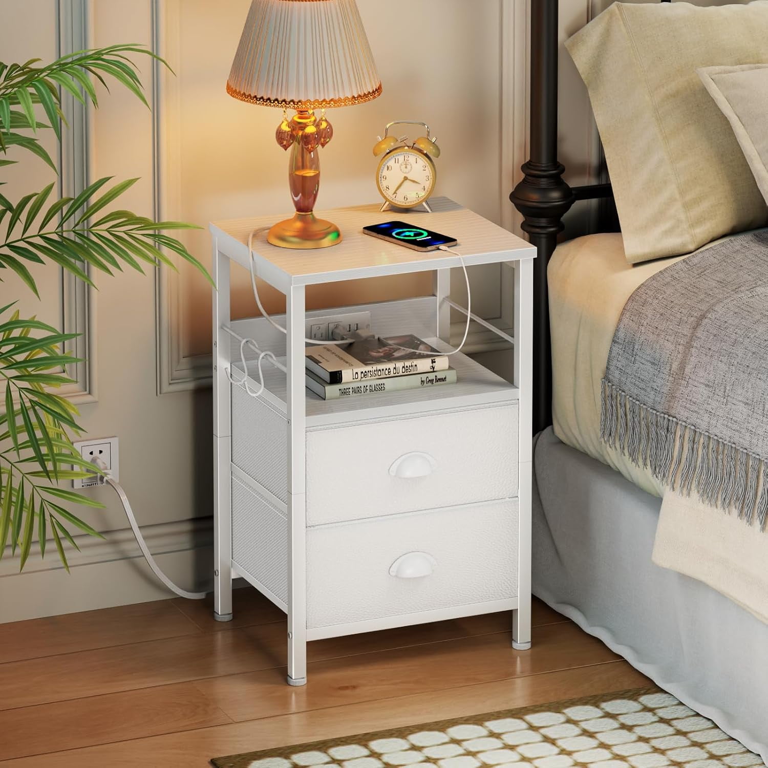 End Table with Charging Station, Nightstand with Fabric Drawers, Side ...