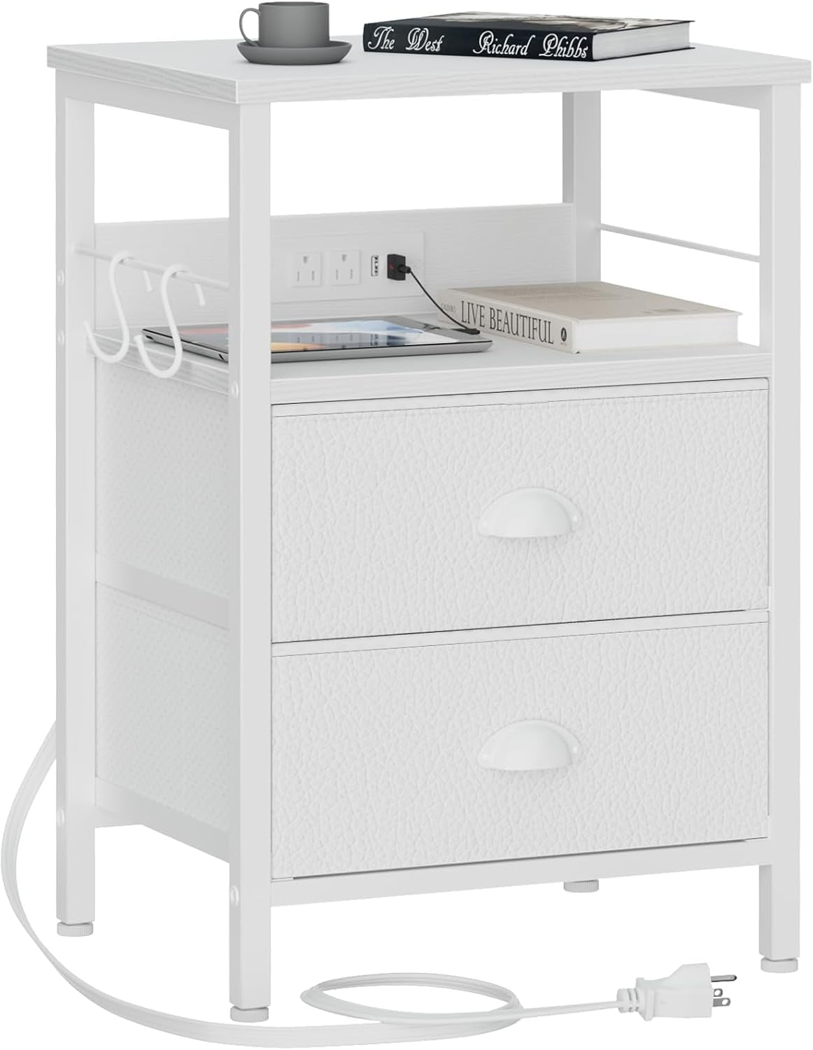 End Table with Charging Station, Nightstand with Fabric Drawers, Side ...