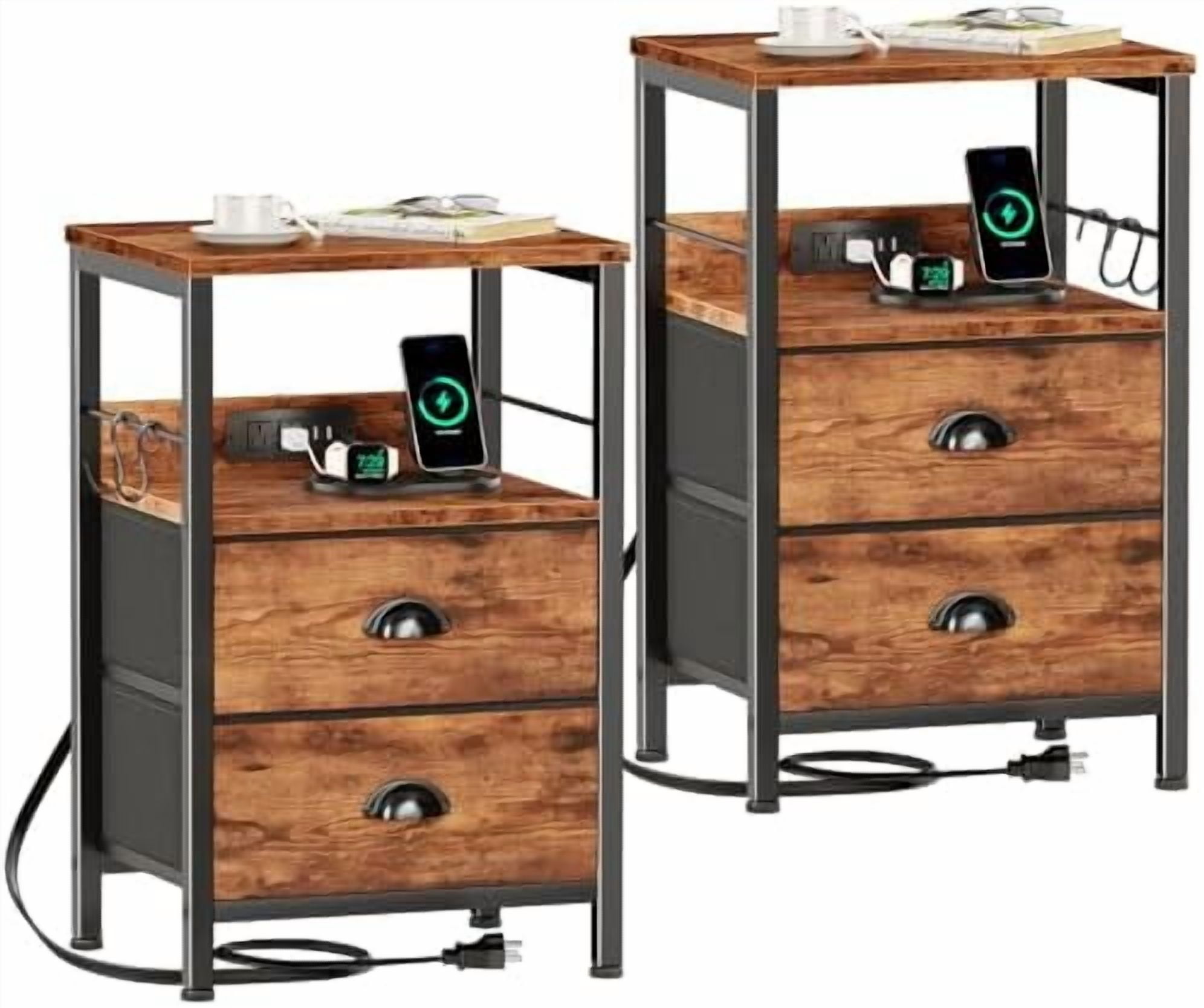 End Table with Charging Station, Nightstand with Fabric Drawers, Side ...