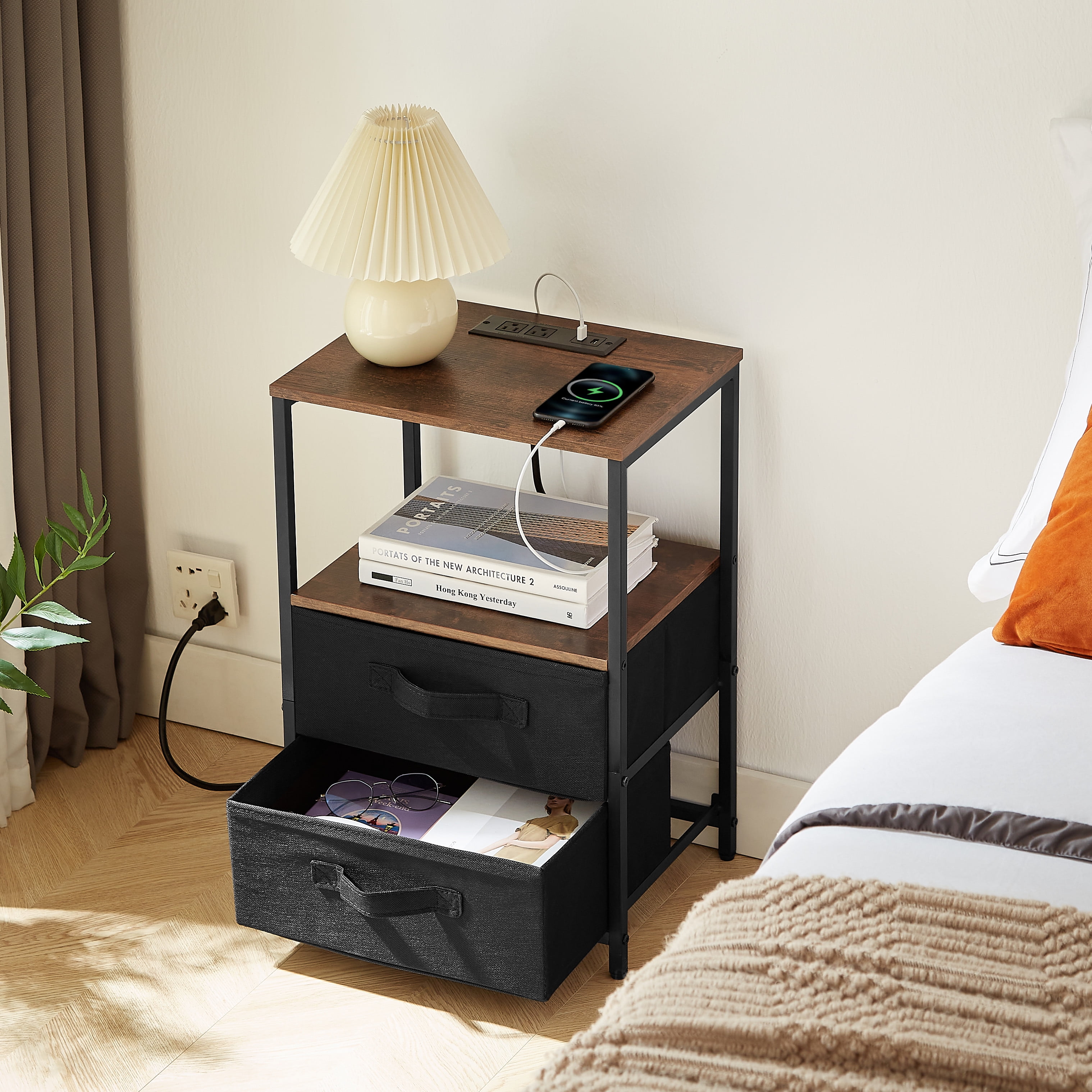 End Table with Charging Station, Nightstand with USB Port for Small ...