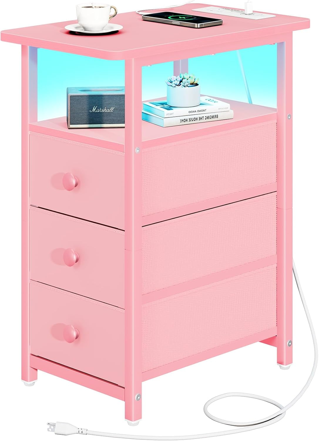 End Table with Charging Station, Pink Narrow Nightstand LED Bedside ...