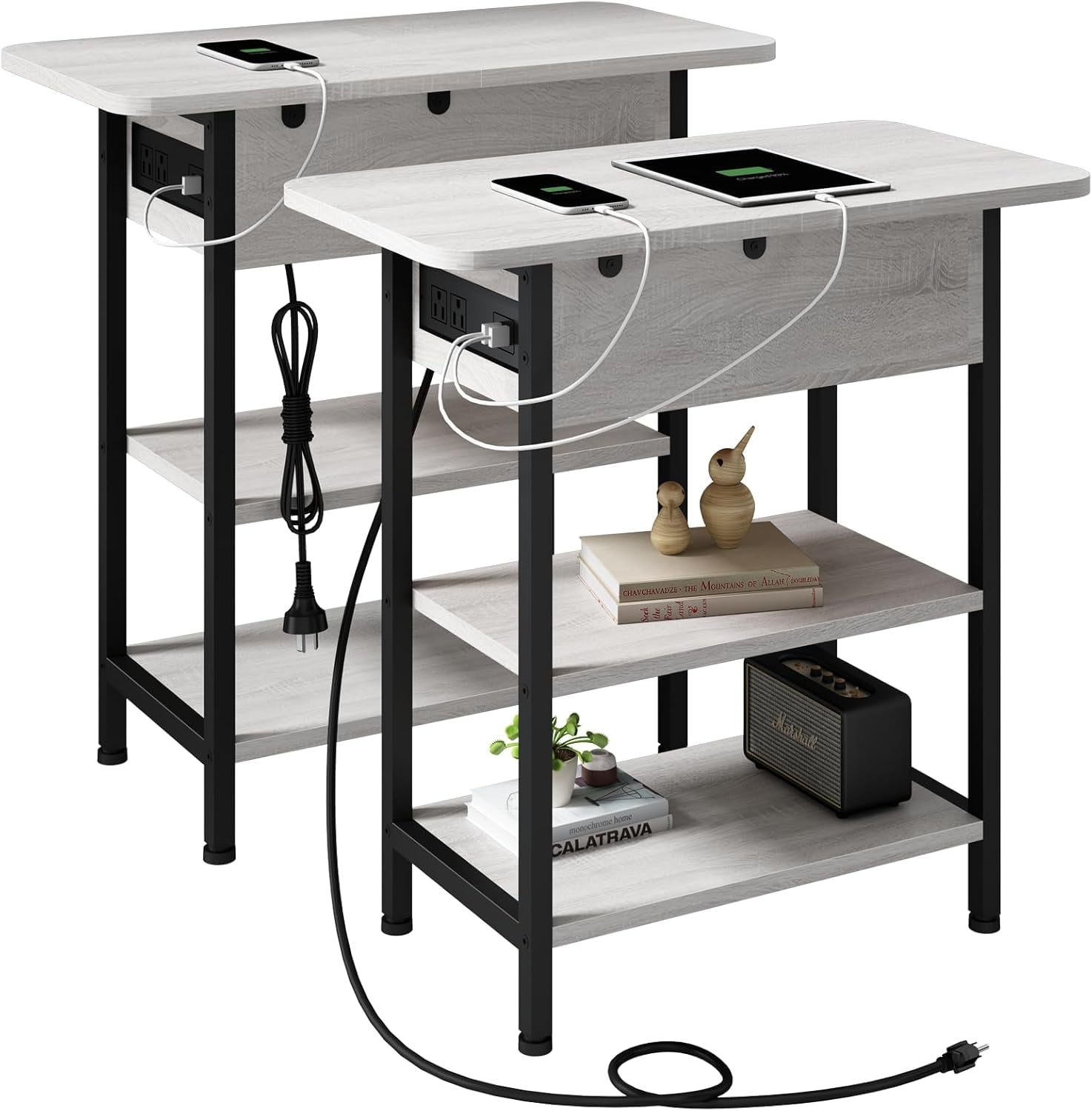 End Table with Charging Station, Set of 2 Flip Top Narrow Side Table ...