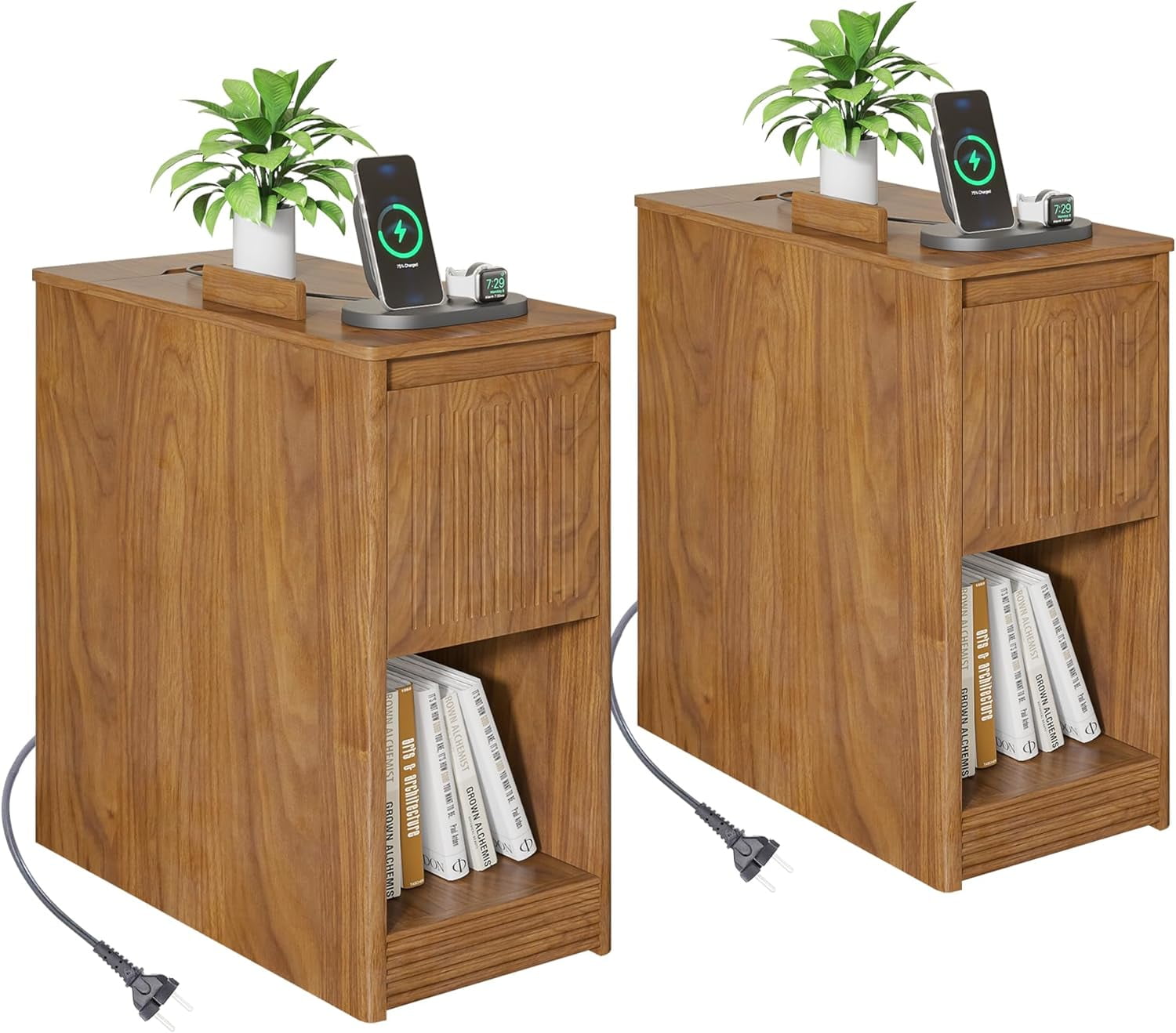 End Table with Charging Station Set of 2, Narrow Side Tables Living ...