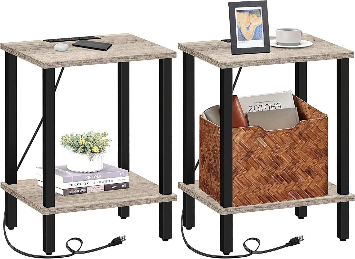 End Table with Charging Station, Set of 2, Side Table with USB Ports ...