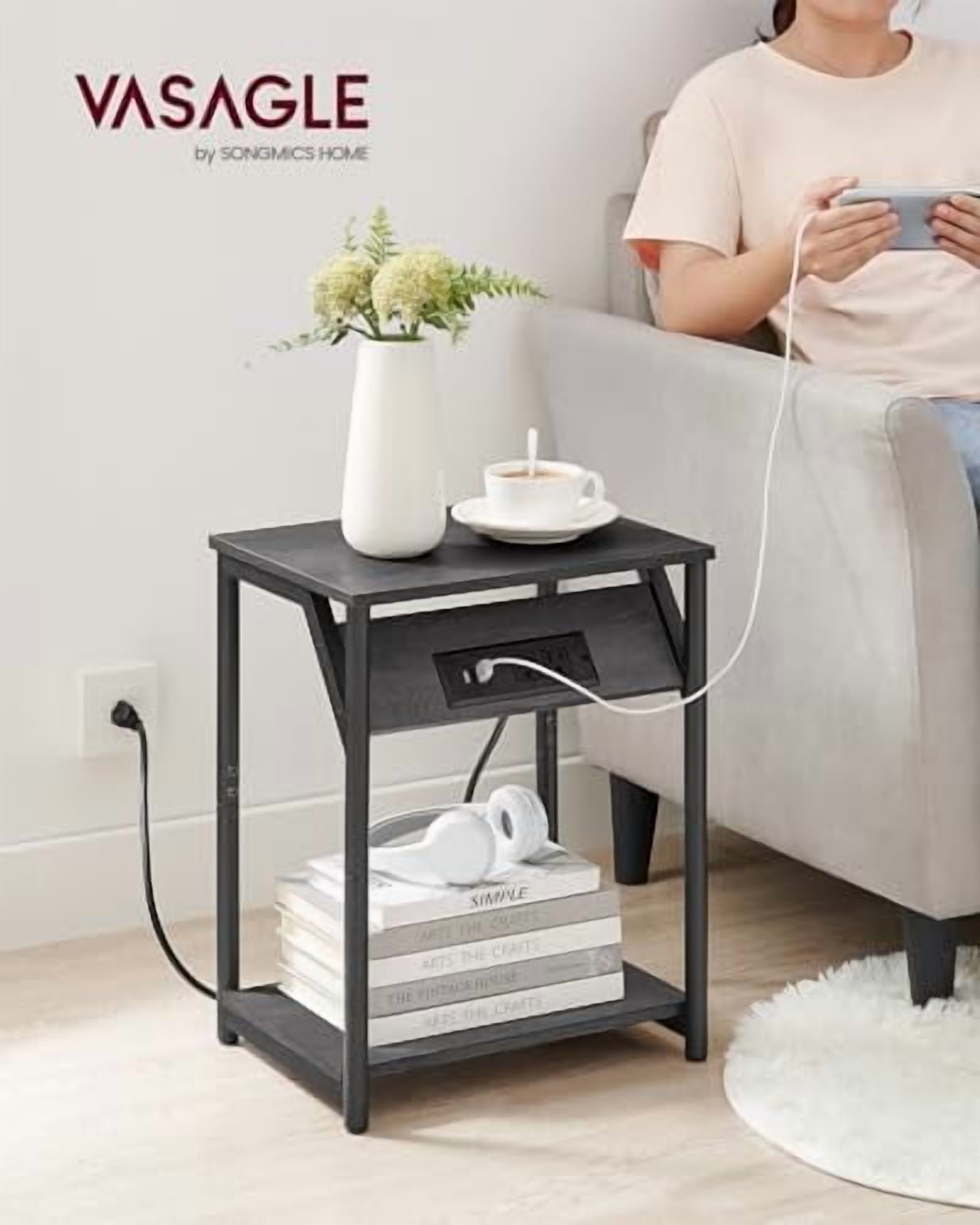 End Table with Charging Station, Set of 2, Small Side Tables for Living ...