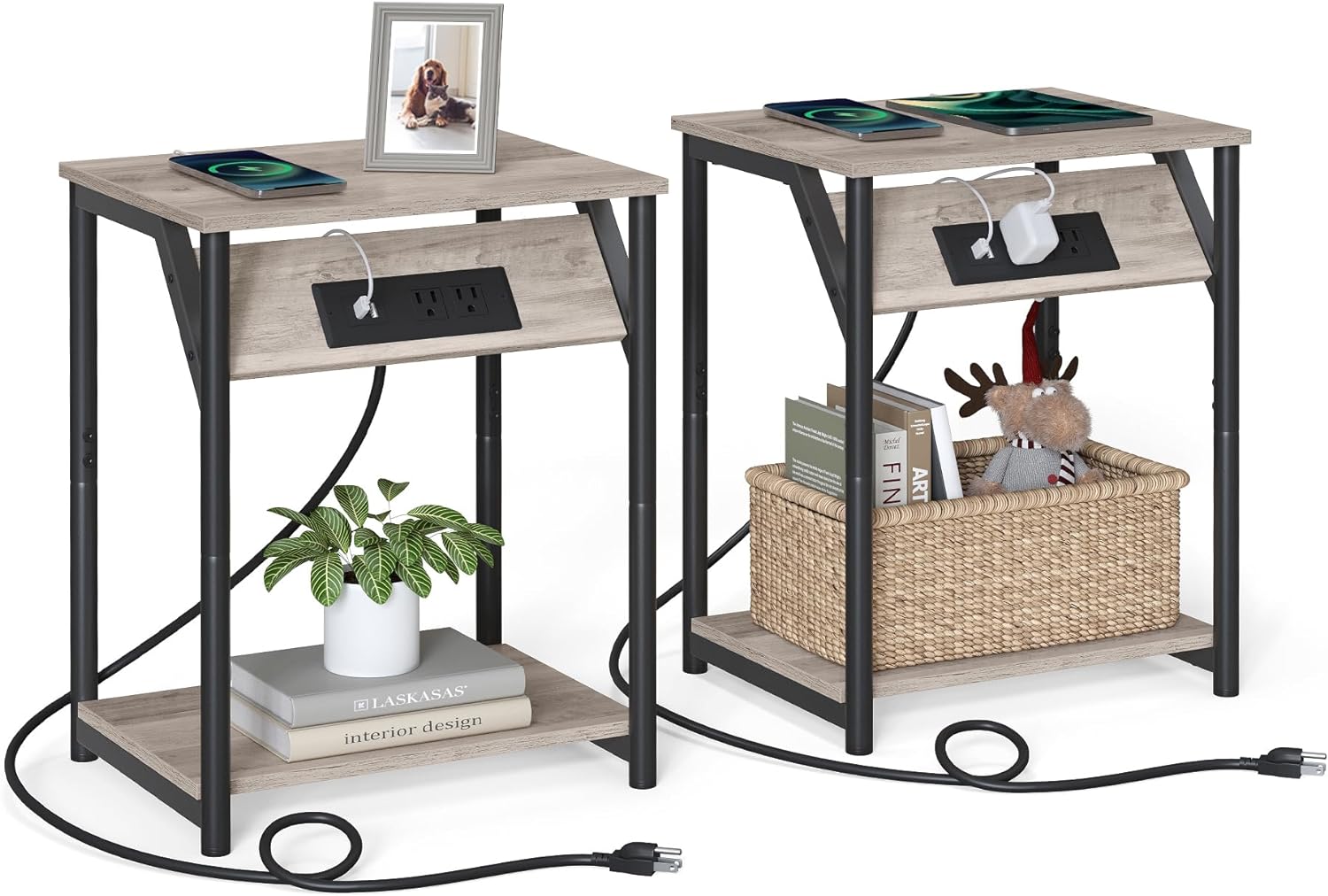 End Table with Charging Station, Set of 2, Small Side Tables for Living ...