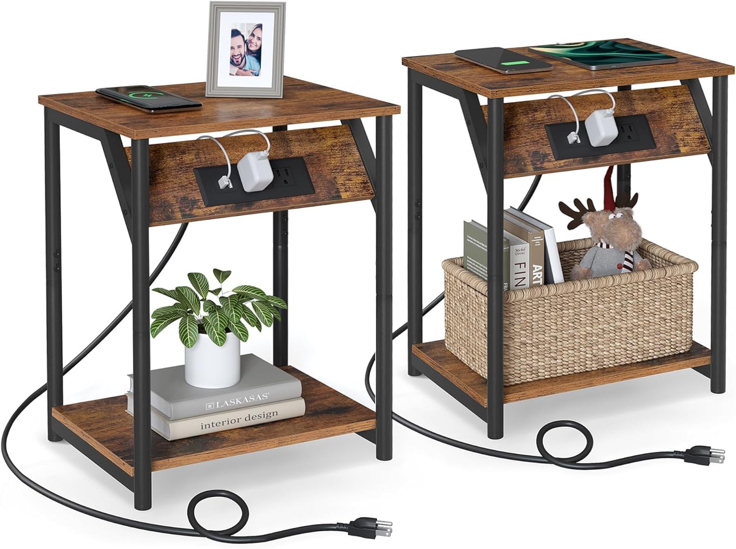 End Table with Charging Station, Set of 2, Small Side Tables for Living ...