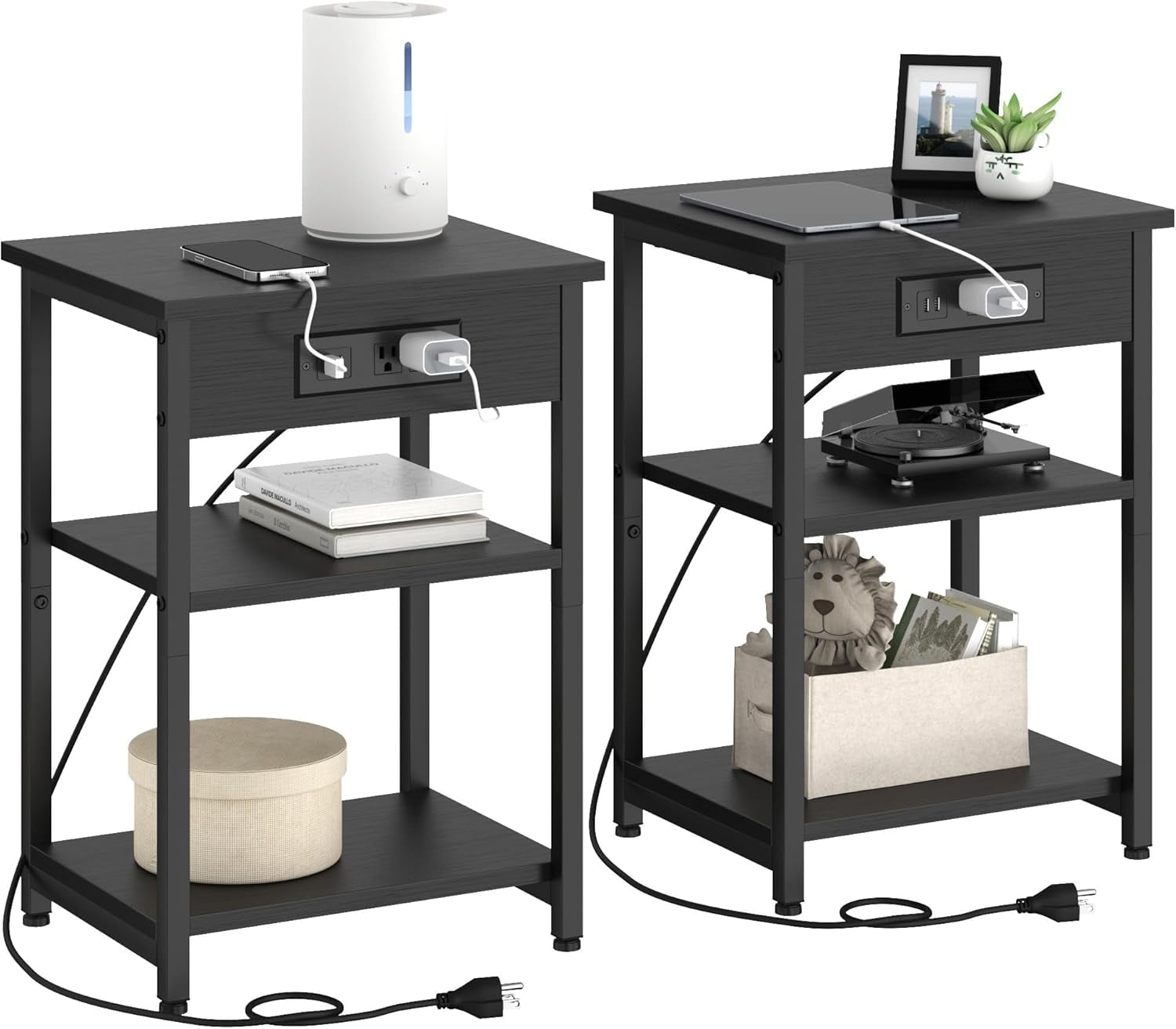 End Table with Charging Station Set of 2, Sturdy 3 Tier Side Tables for ...