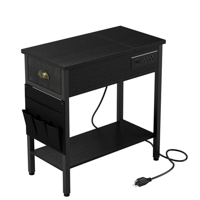 Black Power Charger End Table with USB Ports, Outlets, Drawer & Storage ...