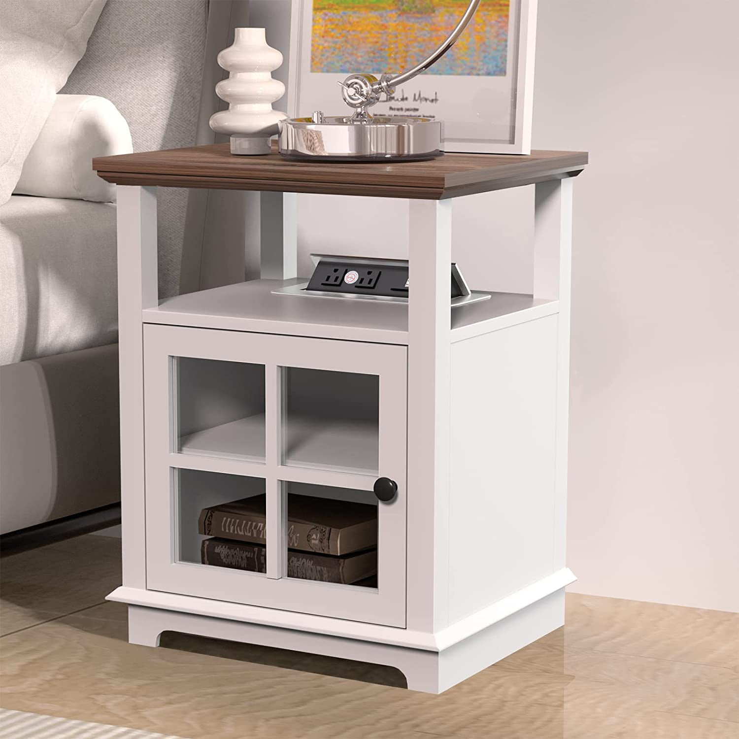 End Table with Charging Station, Side Table with Storage, White ...