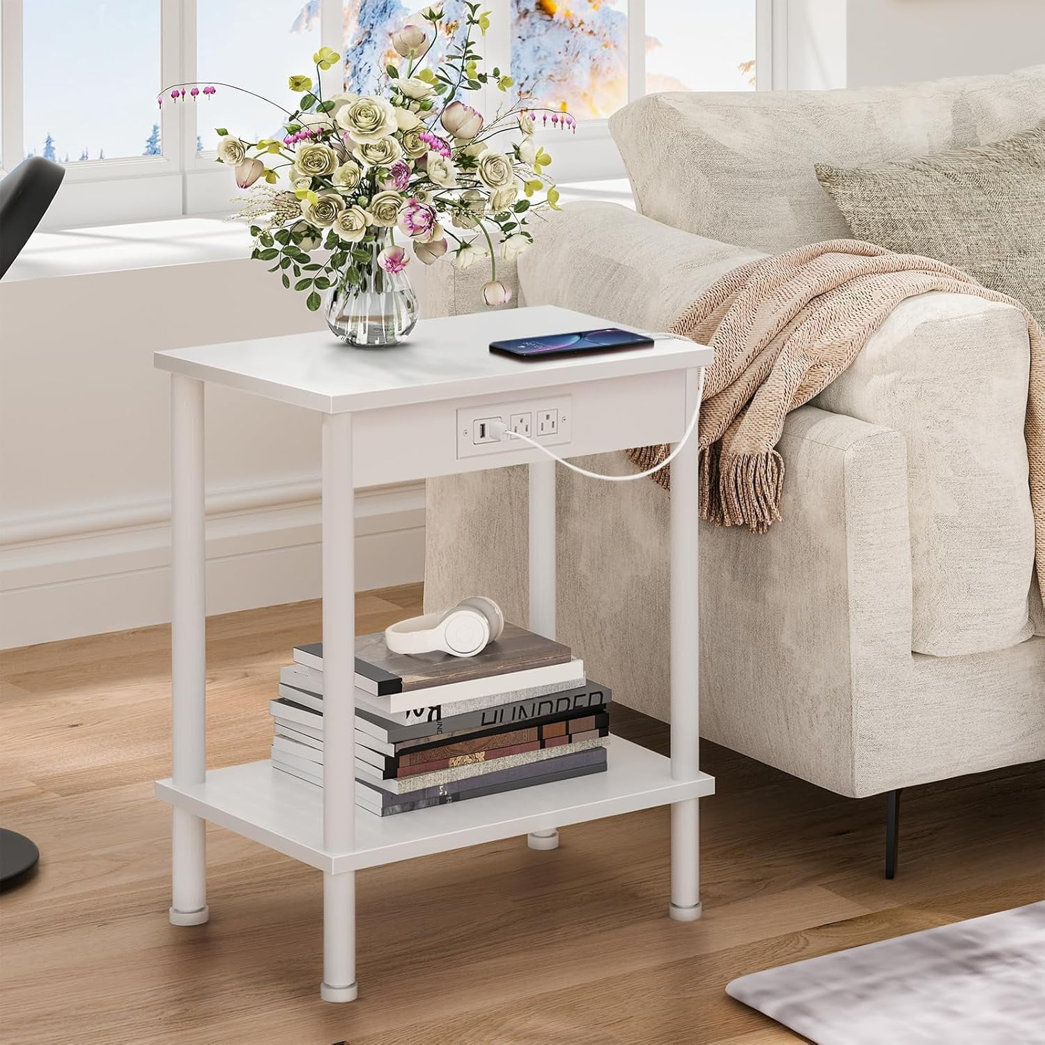 End Table with Charging Station,Small Side Table,2-Tier Nightstand with ...