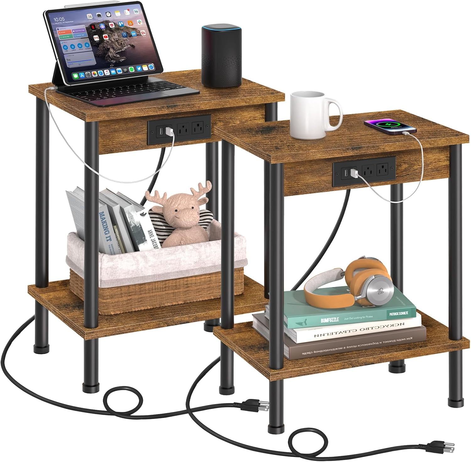 End Table with Charging Station,Small Side Table,2-Tier Nightstand with ...