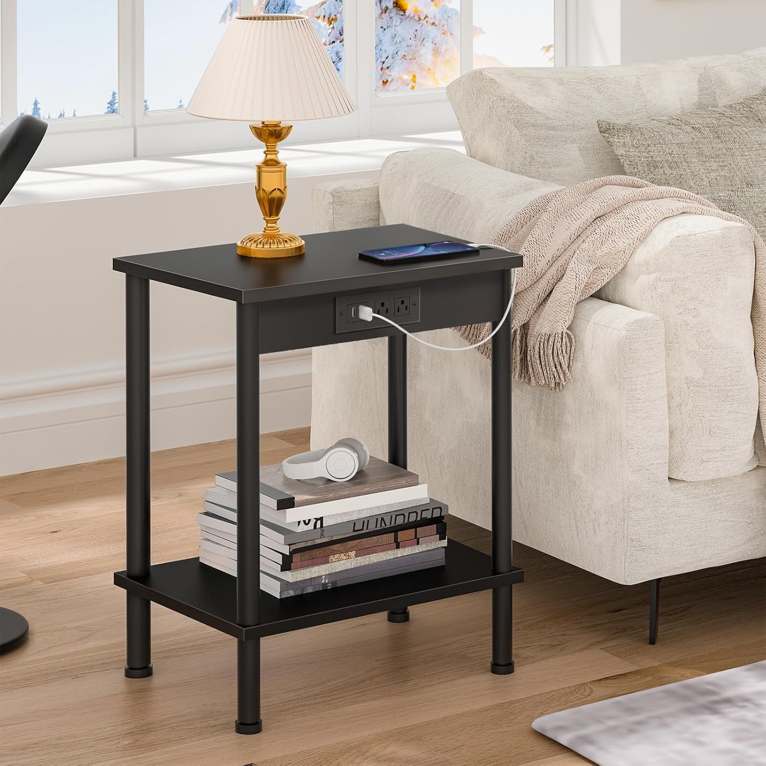 End Table with Charging Station,Small Side Table,2-Tier Nightstand with ...
