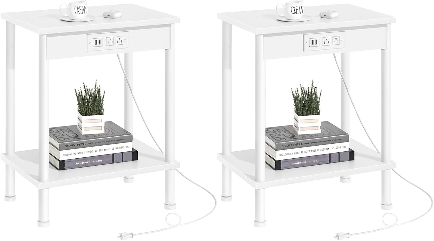 End Table with Charging Station,Small Side Table,2-Tier Nightstand with Storage Shelf,Sofa ...