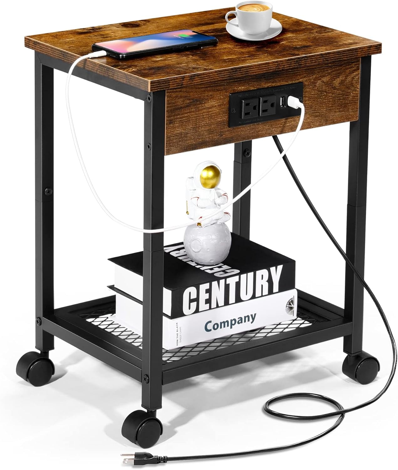 End Table with Charging Station & USB Ports,2 Tier Slim Nightstand with ...