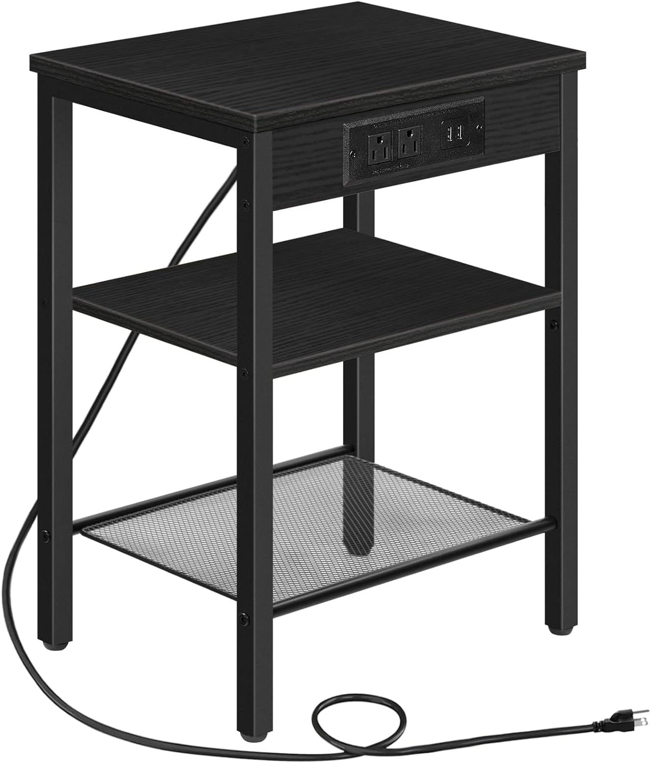 End Table with Charging Station and USB Ports, 3-Tier Nightstand with ...