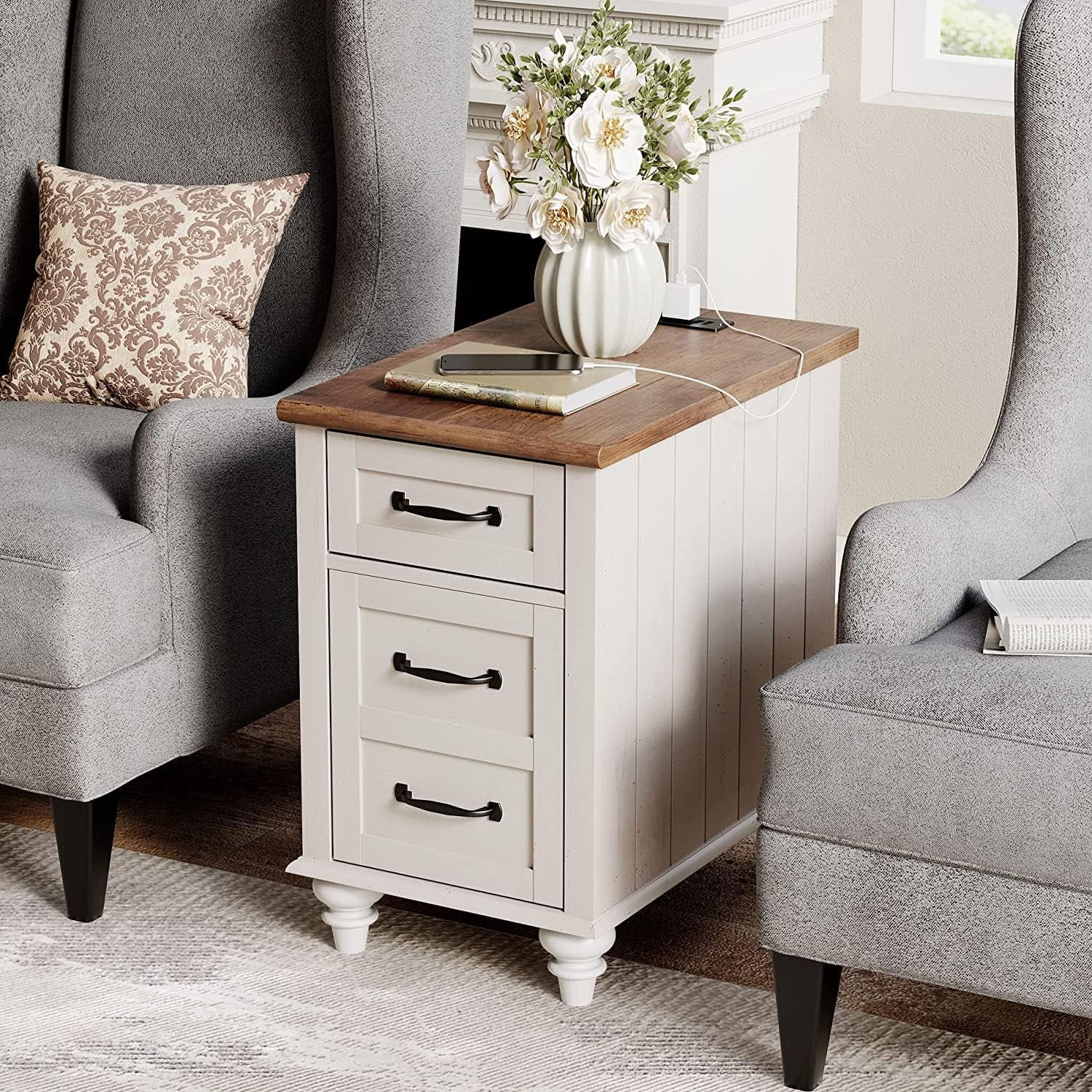 End Table with Charging Station, White Side Table with Storage Cabinet ...