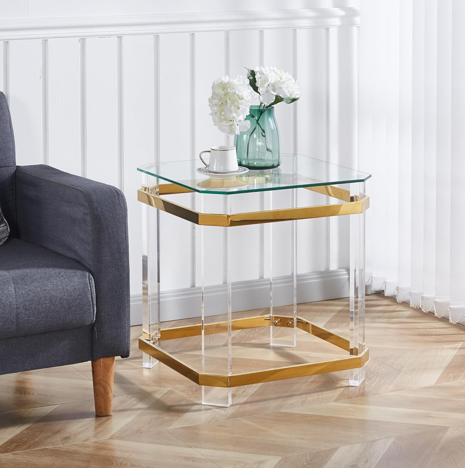 End Table with Clear Glass Top,Modern Gold Sofa Side Table with ...