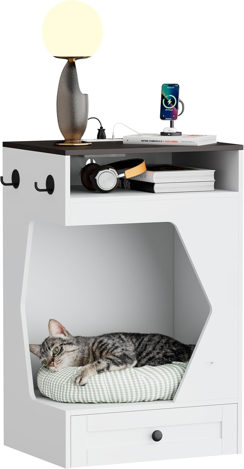End Table with Dog Feeding Station, Nightstand with Charging Station ...