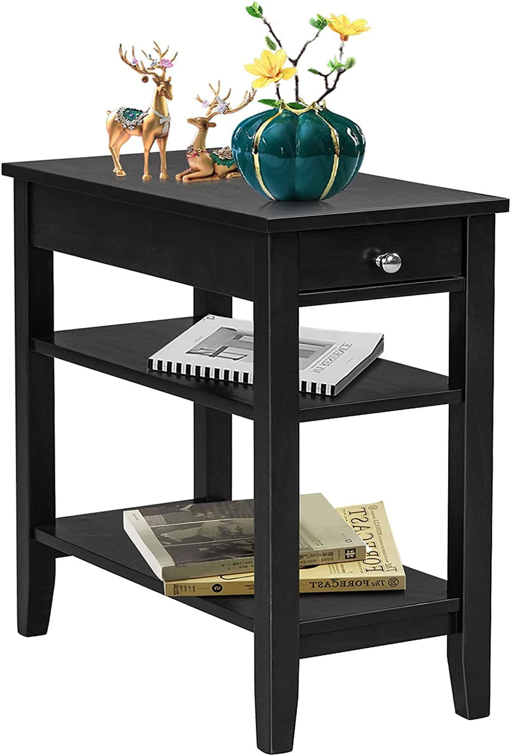 End Table with Drawer, Narrow Side Table with 2-Tier Open Storage ...