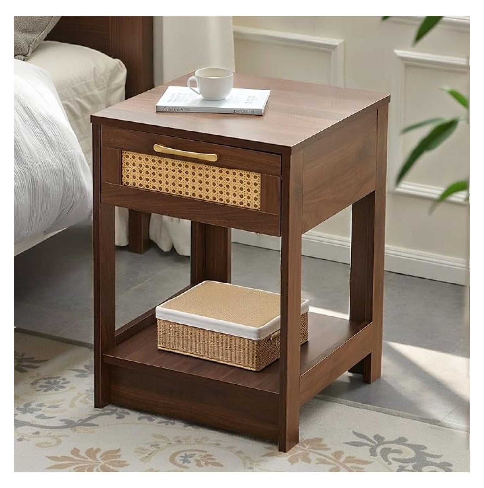 End Table with Drawer, Square Sofa Side Table with Open Storage Shelf ...