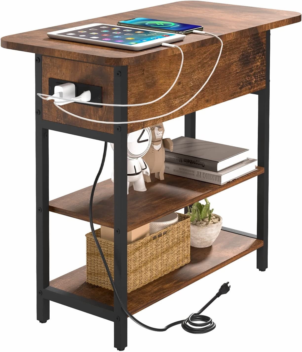 End Table Durable with Charging Station, Flip Top Side Table with USB ...