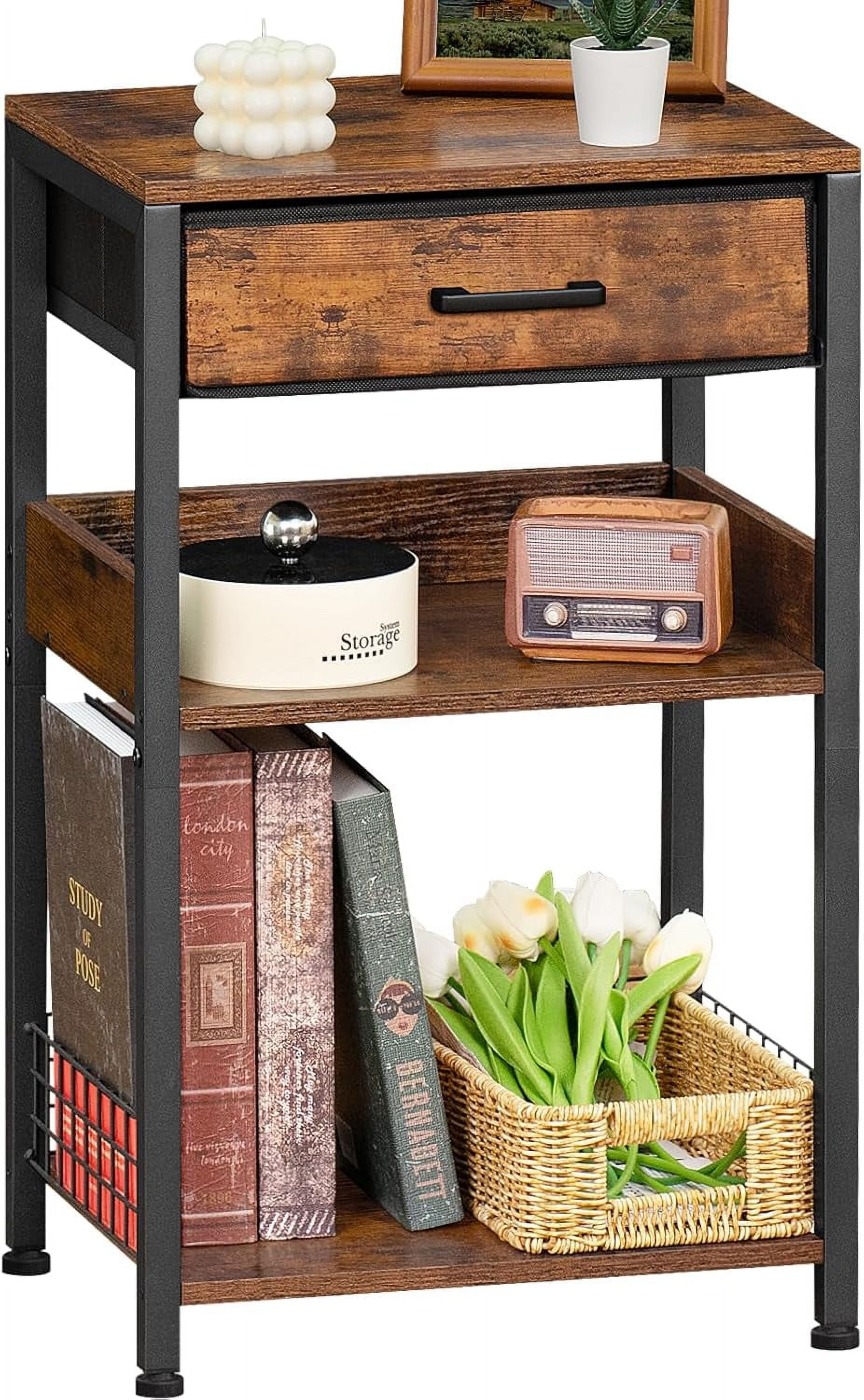 End Table with Fabric Drawer,3 Tier Industrial Wood Side Table with ...