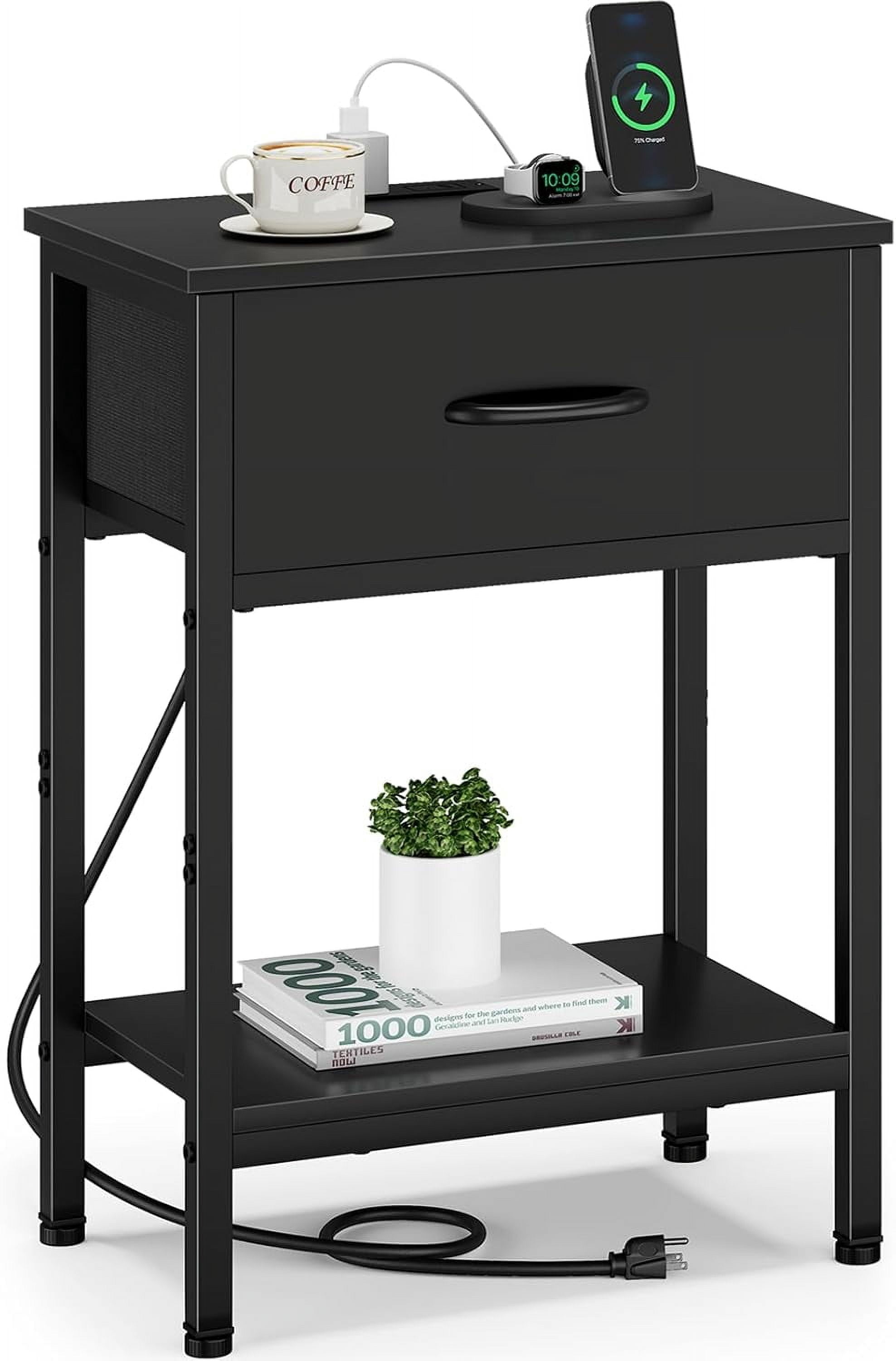 End Table with Fabric Drawer, Small Side Table with 2-Tier Storage ...