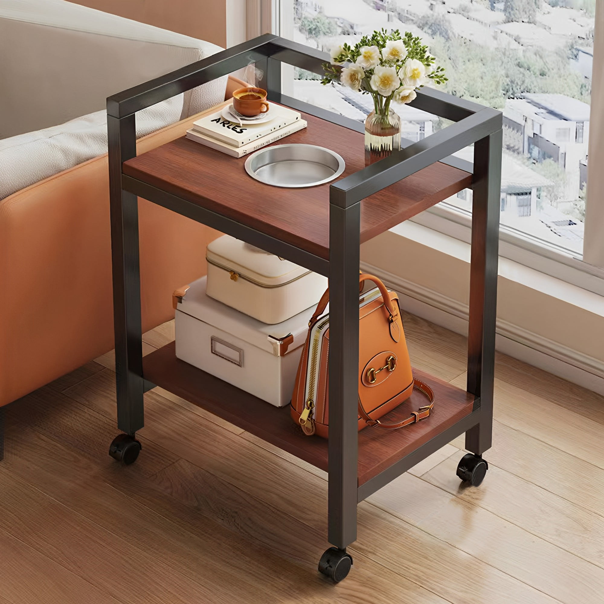 End Table Farmhouse End Table with Ashtray Wheels 2Tiers Brown for ...