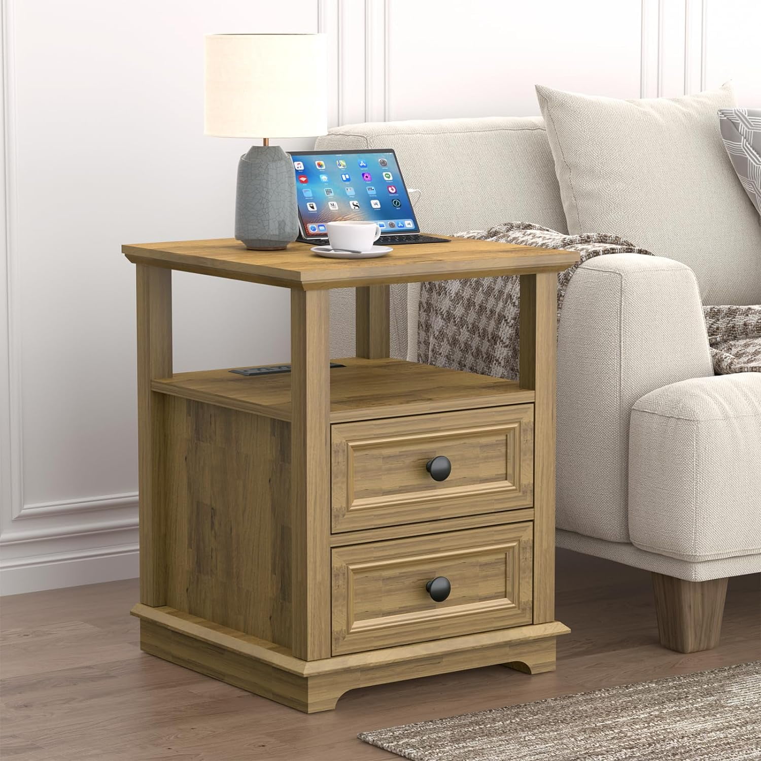 End Table with Fast USB C Charging Station, 24” Tall Sofa Side Table ...